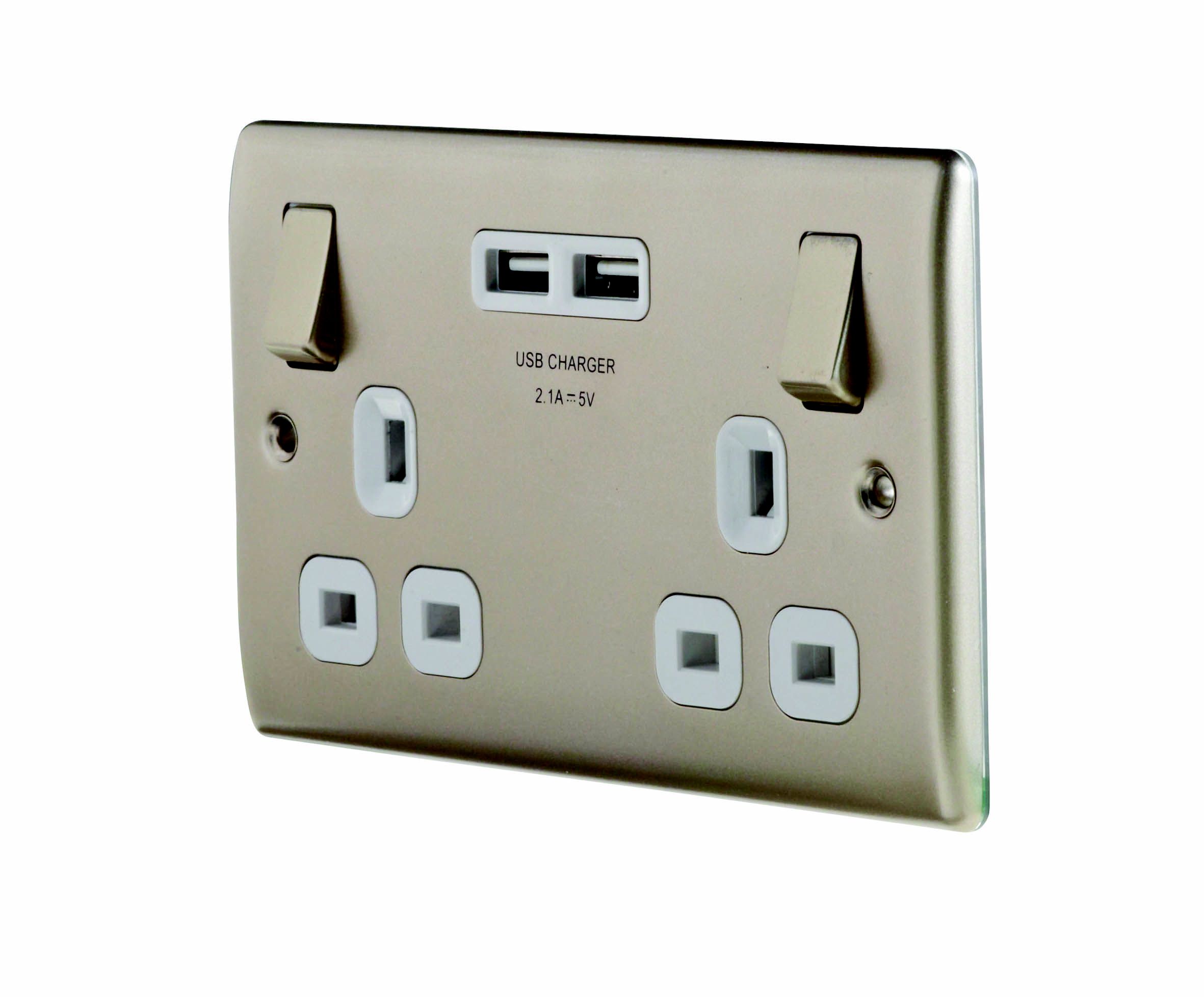 British General Raised slim Switched Socket with USB, x2 & White inserts
