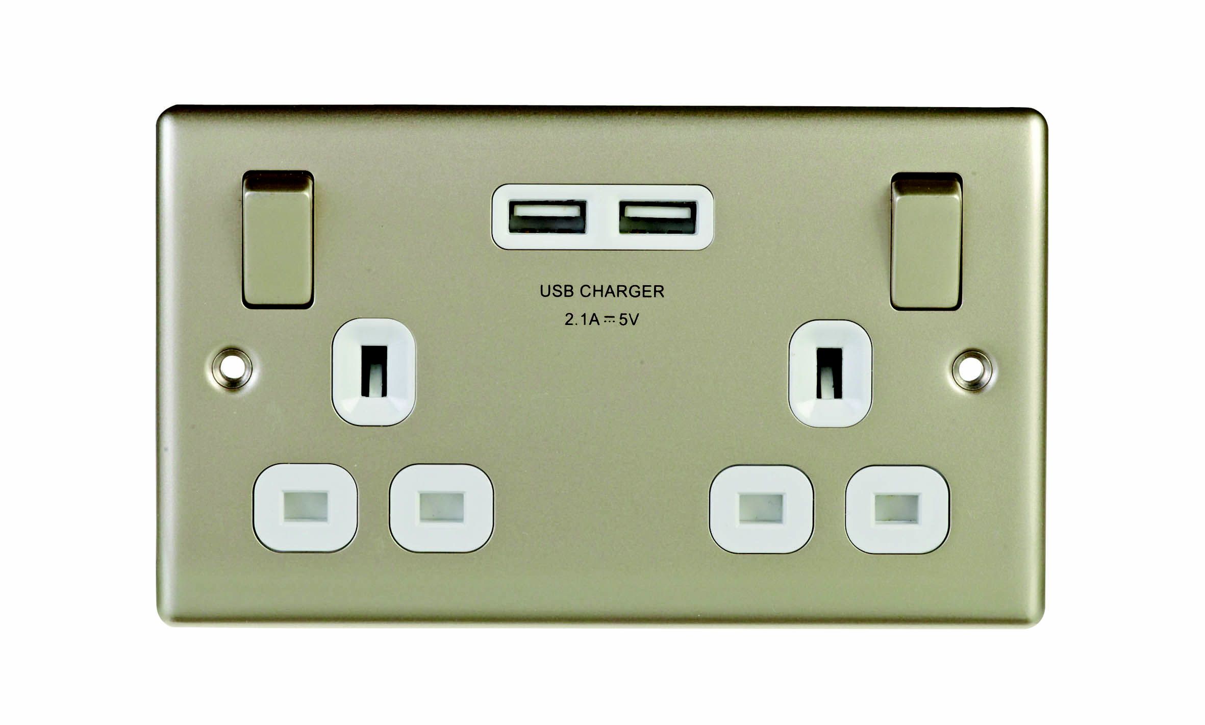 British General Raised slim Switched Socket with USB, x2 & White inserts