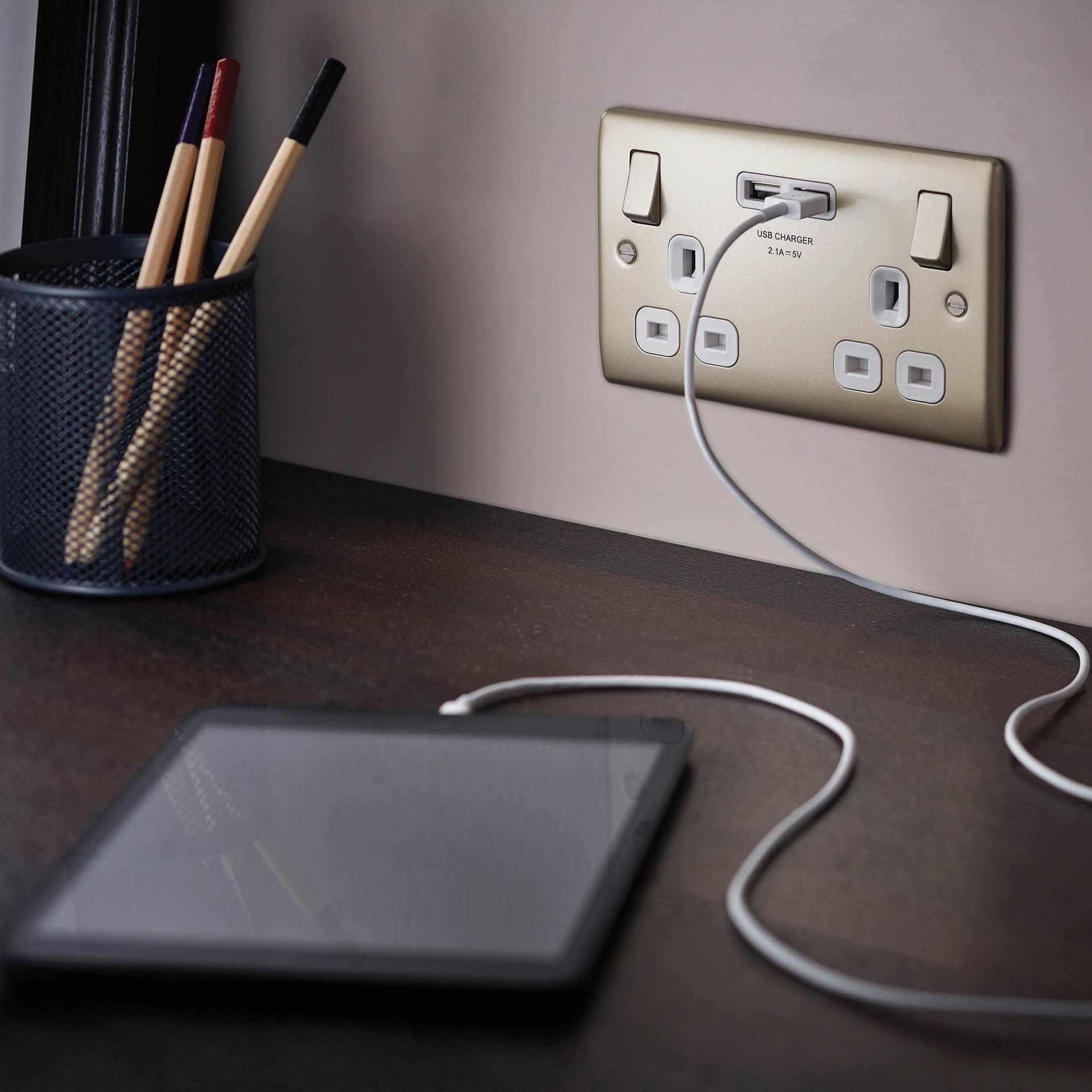 British General Raised slim Switched Socket with USB, x2 & White inserts