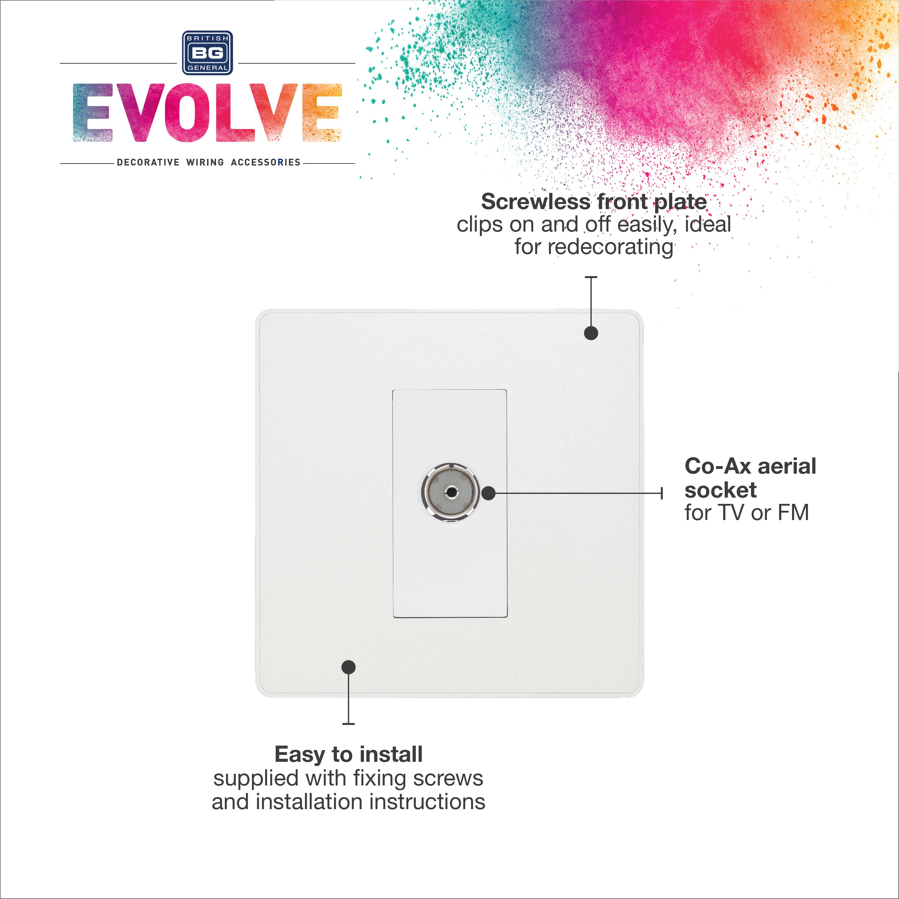 British General Single Screwless TV & radio socket Pearlescent white
