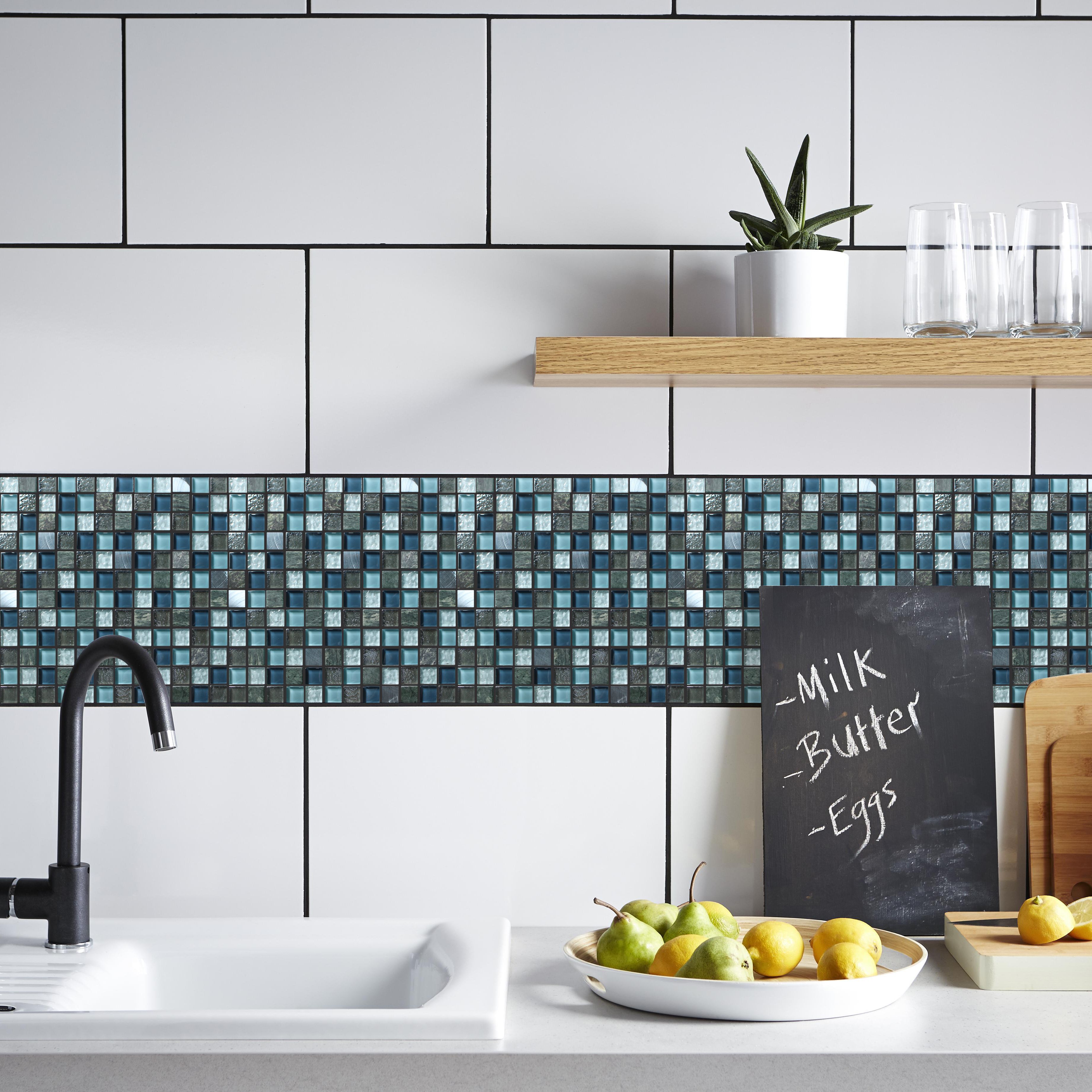 Brixton Blue Stone effect Glass & marble Mosaic tile, (L)300mm (W)300mm ...