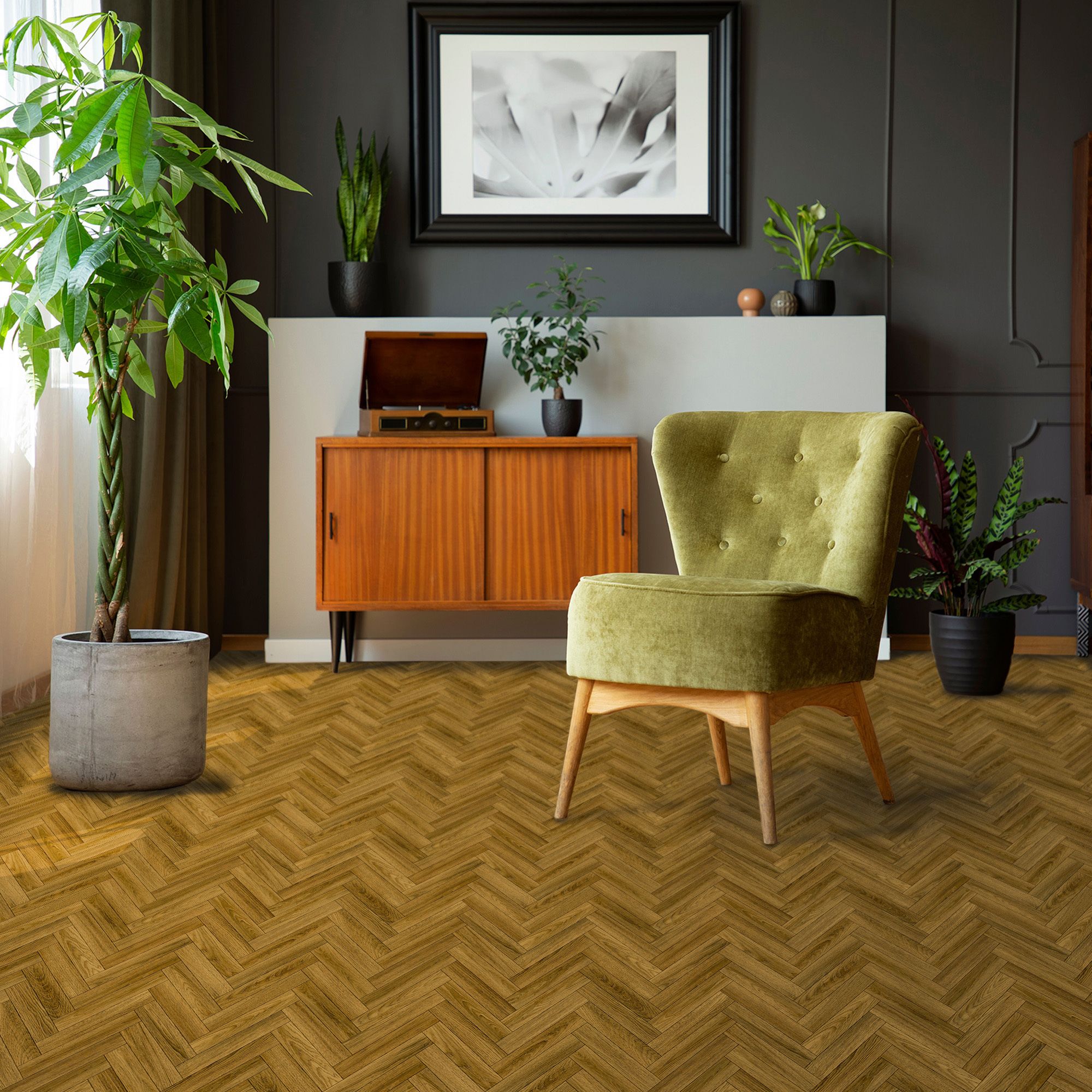 Brown Herringbone Oak effect Sheet vinyl flooring, 6m²