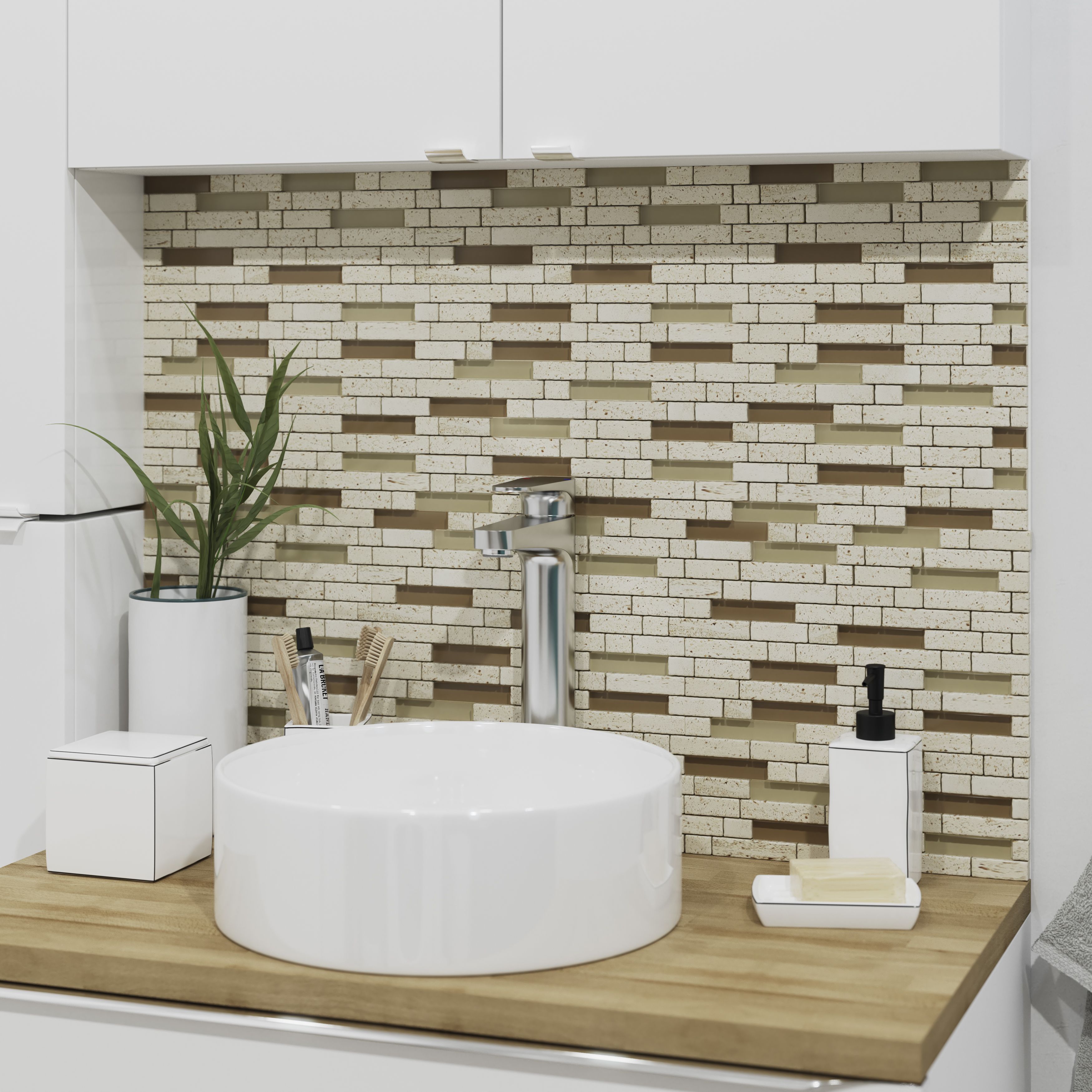 Cagliari Beige & brown Glass & natural stone Mosaic tile, (L)300mm (W ...