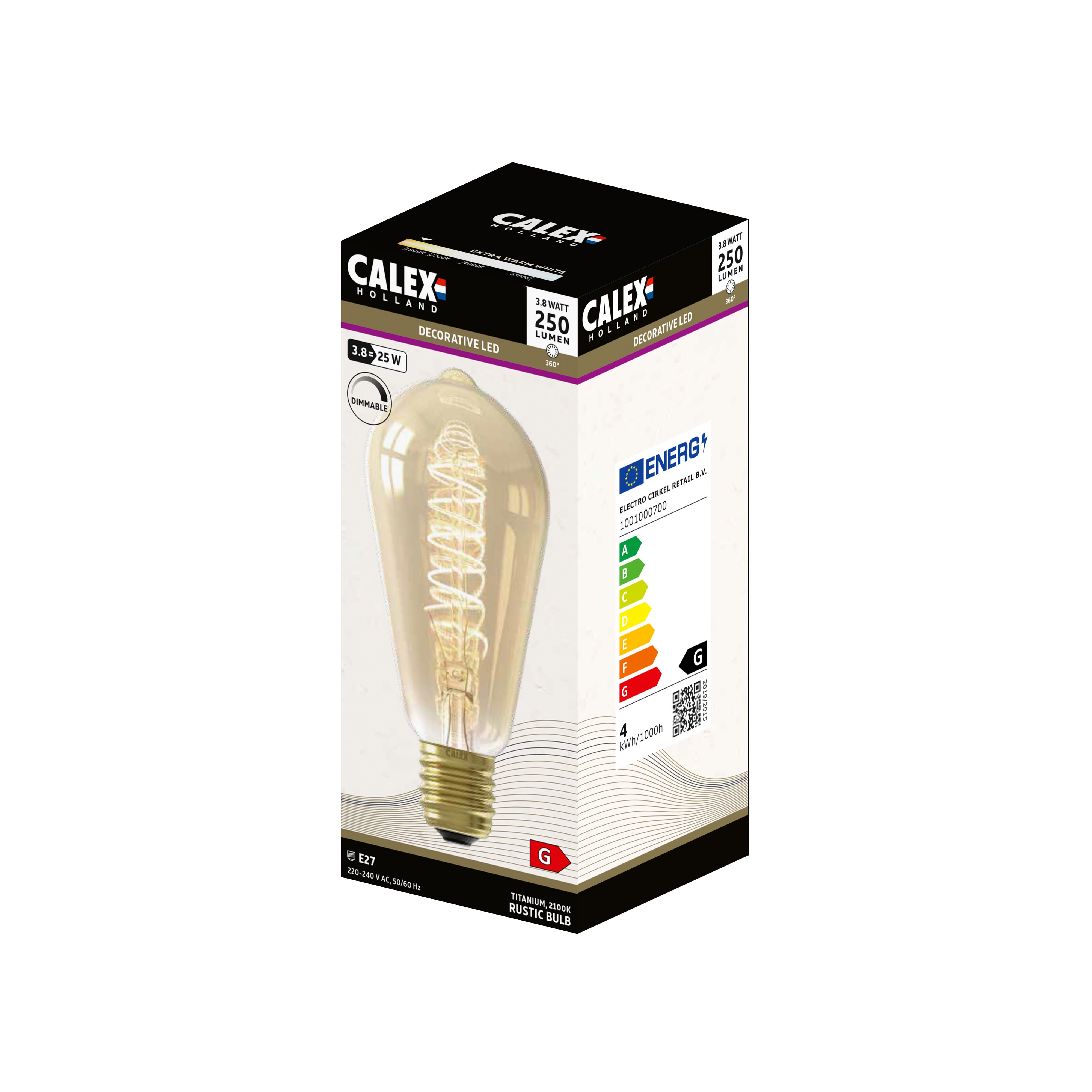 CALEX Gold Flex E27 4W 200lm 360° Amber ST64 Extra warm white LED Dimmable Filament Light bulb