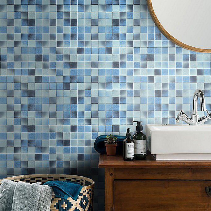 Carnival Blue & white Glass Mosaic tile, (L)300mm (W)300mm | DIY at B&Q