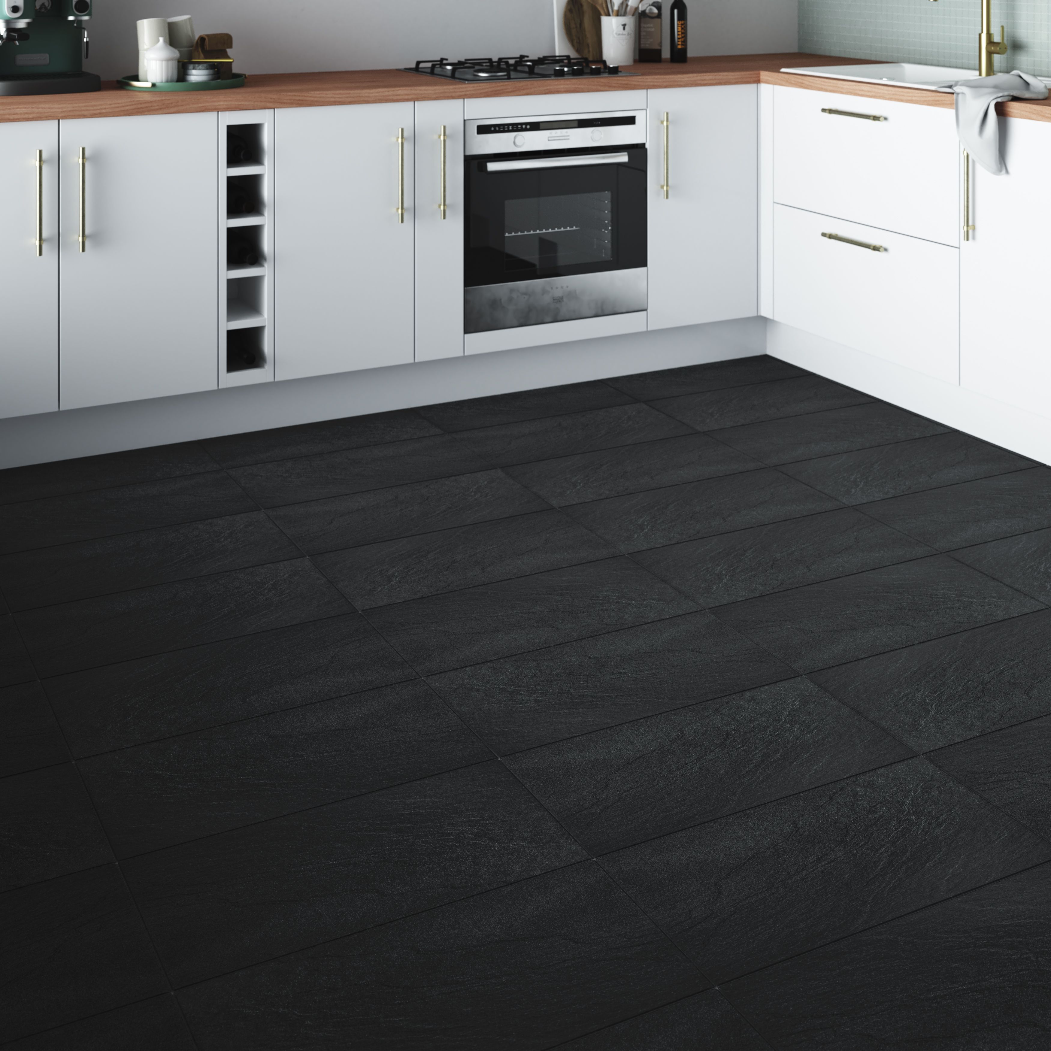 Chambly Black Matt Stone effect Porcelain Indoor Wall & floor Tile ...