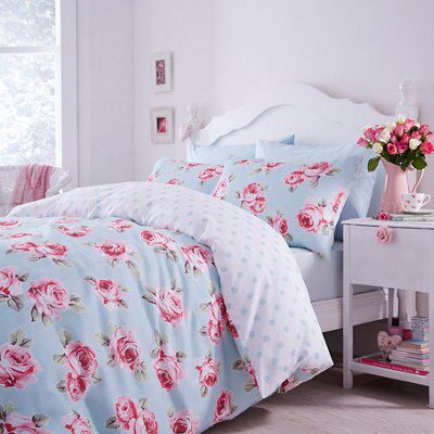 Chartwell Emily Polka dot & rose Duck egg King Bedding set | DIY at B&Q