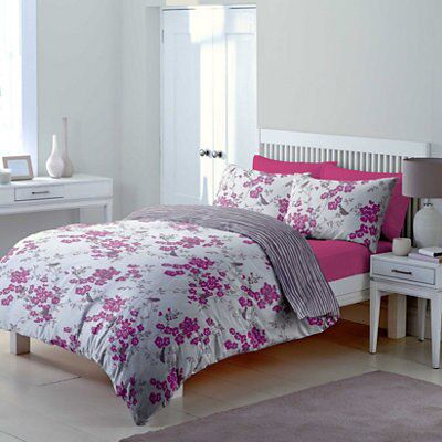 Chartwell Floral blossom & striped Amethyst Single Bedding set | DIY at B&Q
