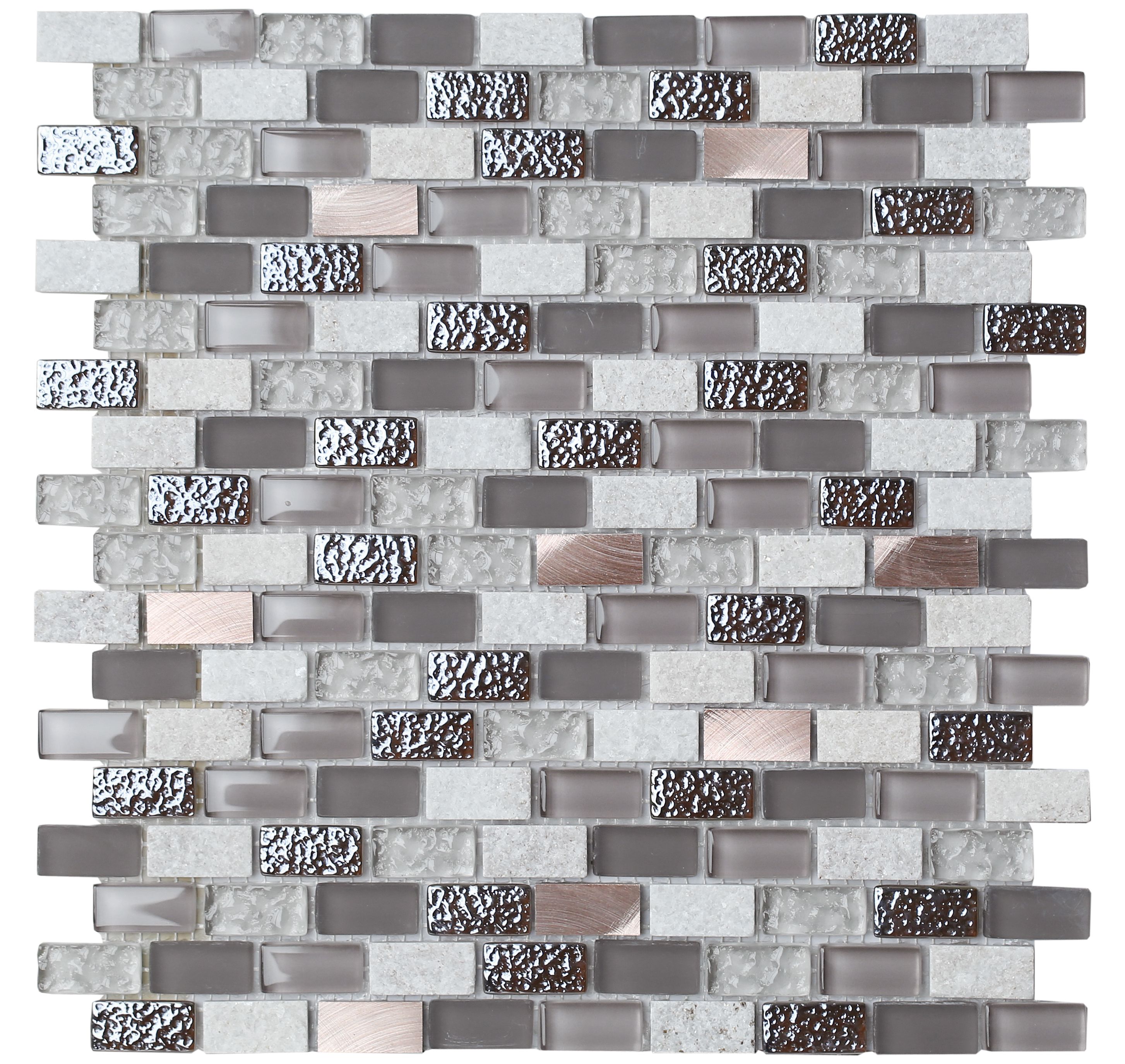 Chelsea Grey Matt Gloss & matt Copper effect Brick Glass & stone Mosaic tile, (L)298mm (W)304mm