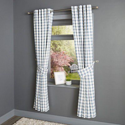 Chenoa Blue & white Check Lined Eyelet Curtains (W)167cm (L)183cm, Pair