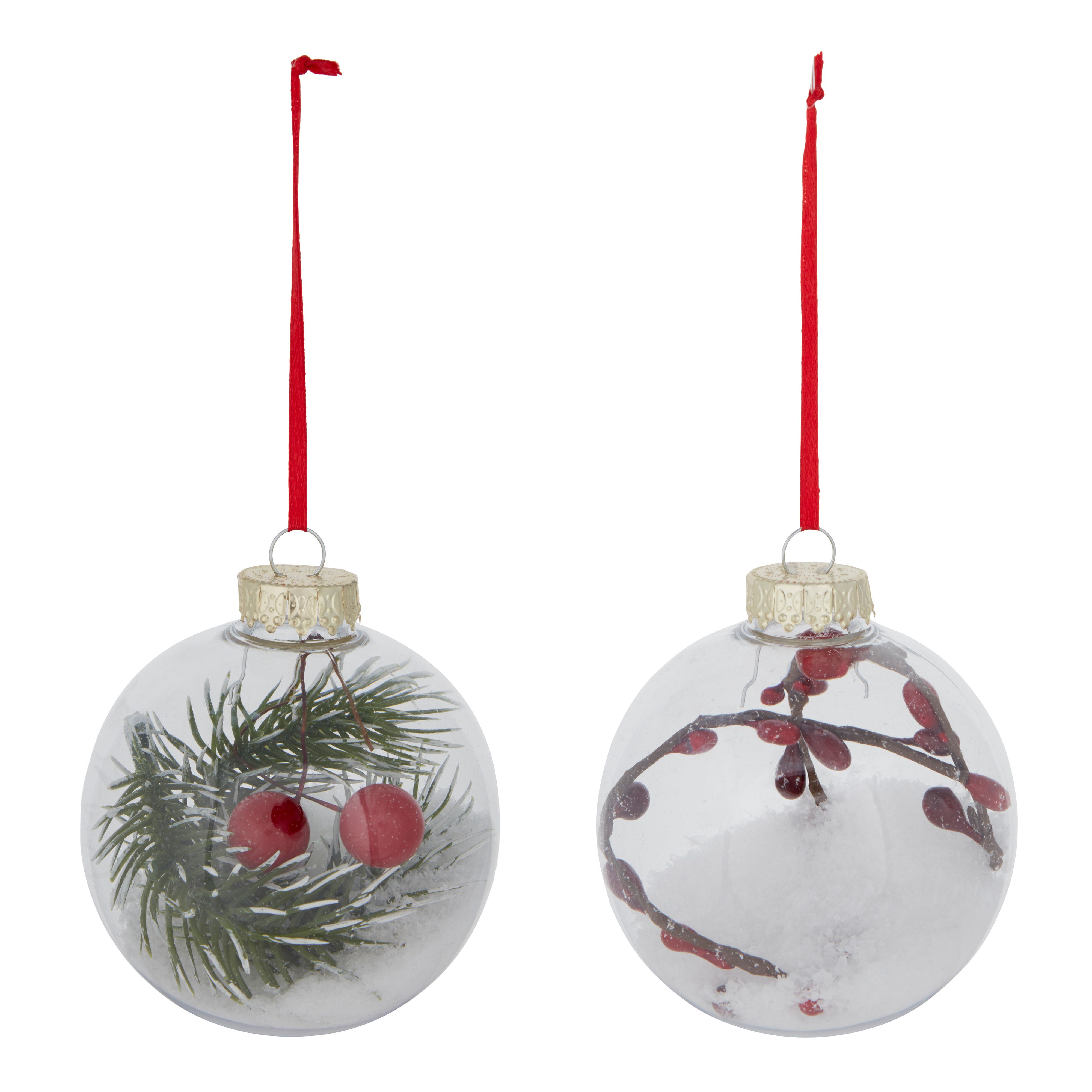Clear Foliage with red berries Plastic Round Christmas bauble set, Pack ...