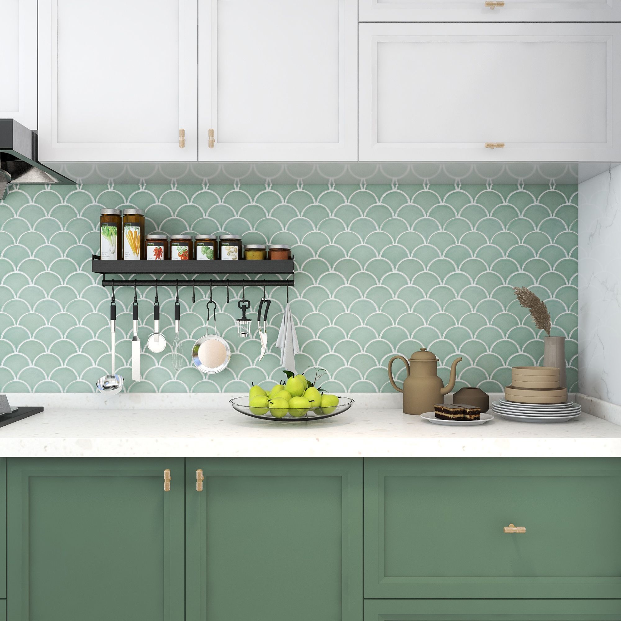 Colline Green Gloss Scallop Ceramic Mosaic tile sheet, (L)259mm (W ...