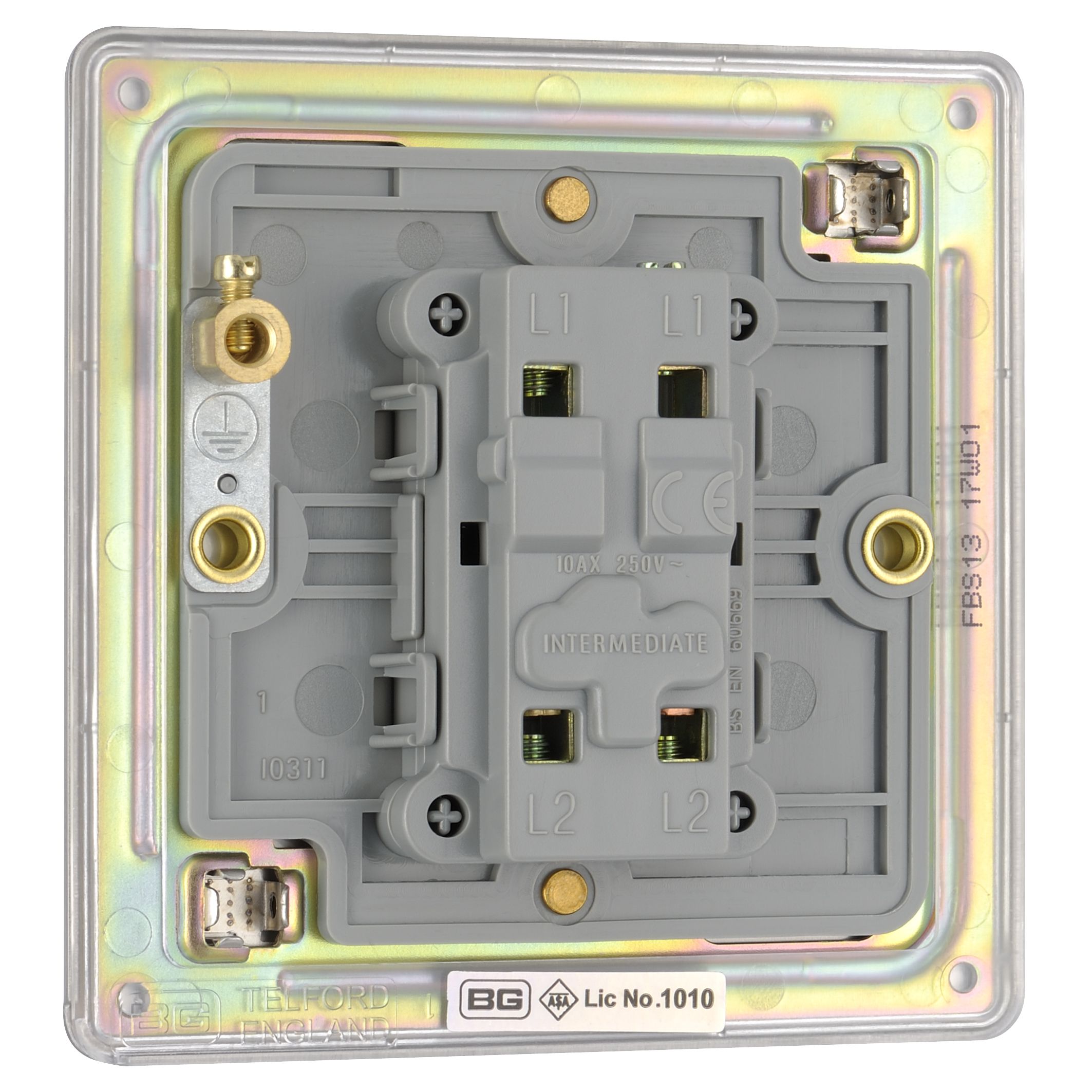 Colours 10A Single Flat Screwless Intermediate switch Silver effect