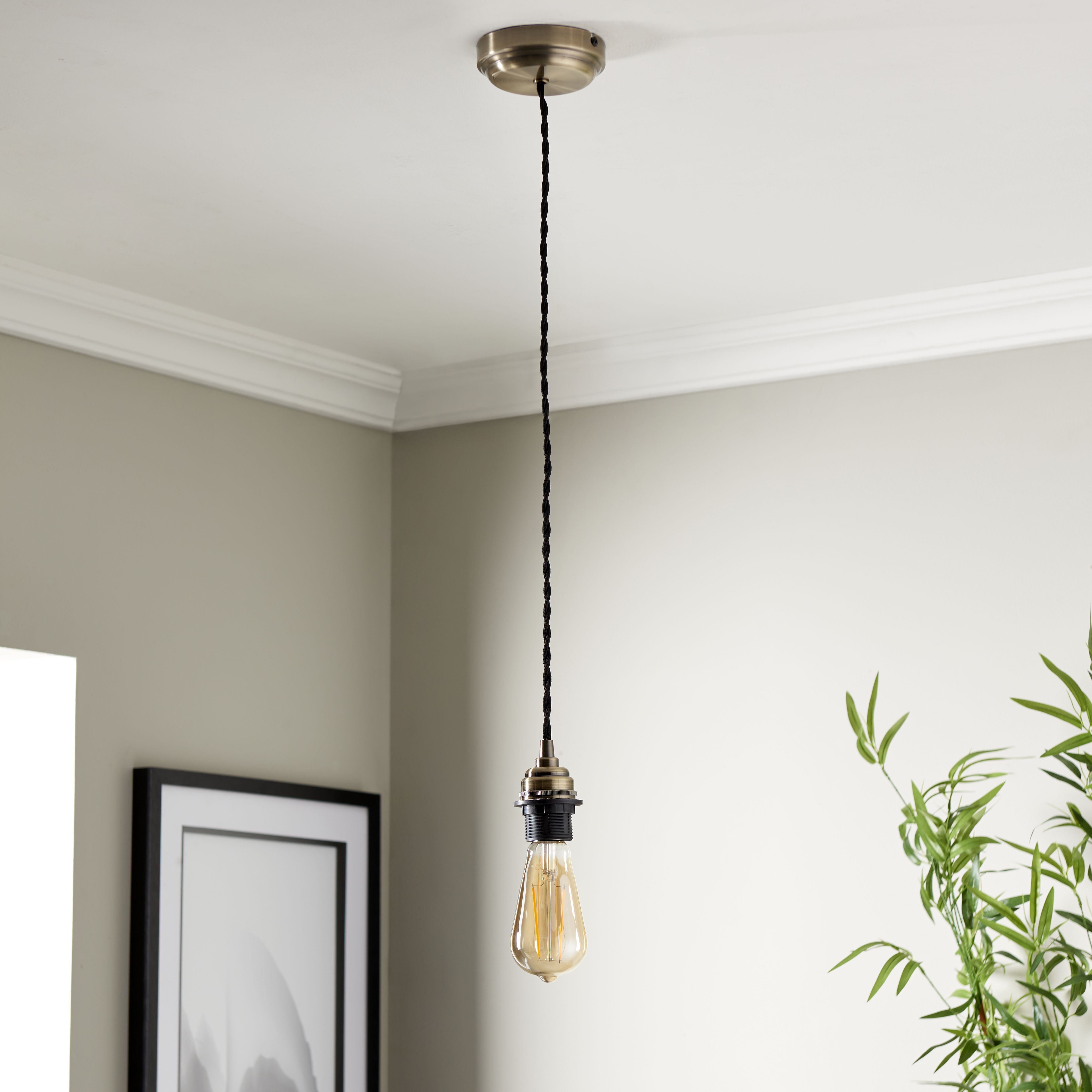 Colours Antique brass effect E27 Cable light set (L)1500mm