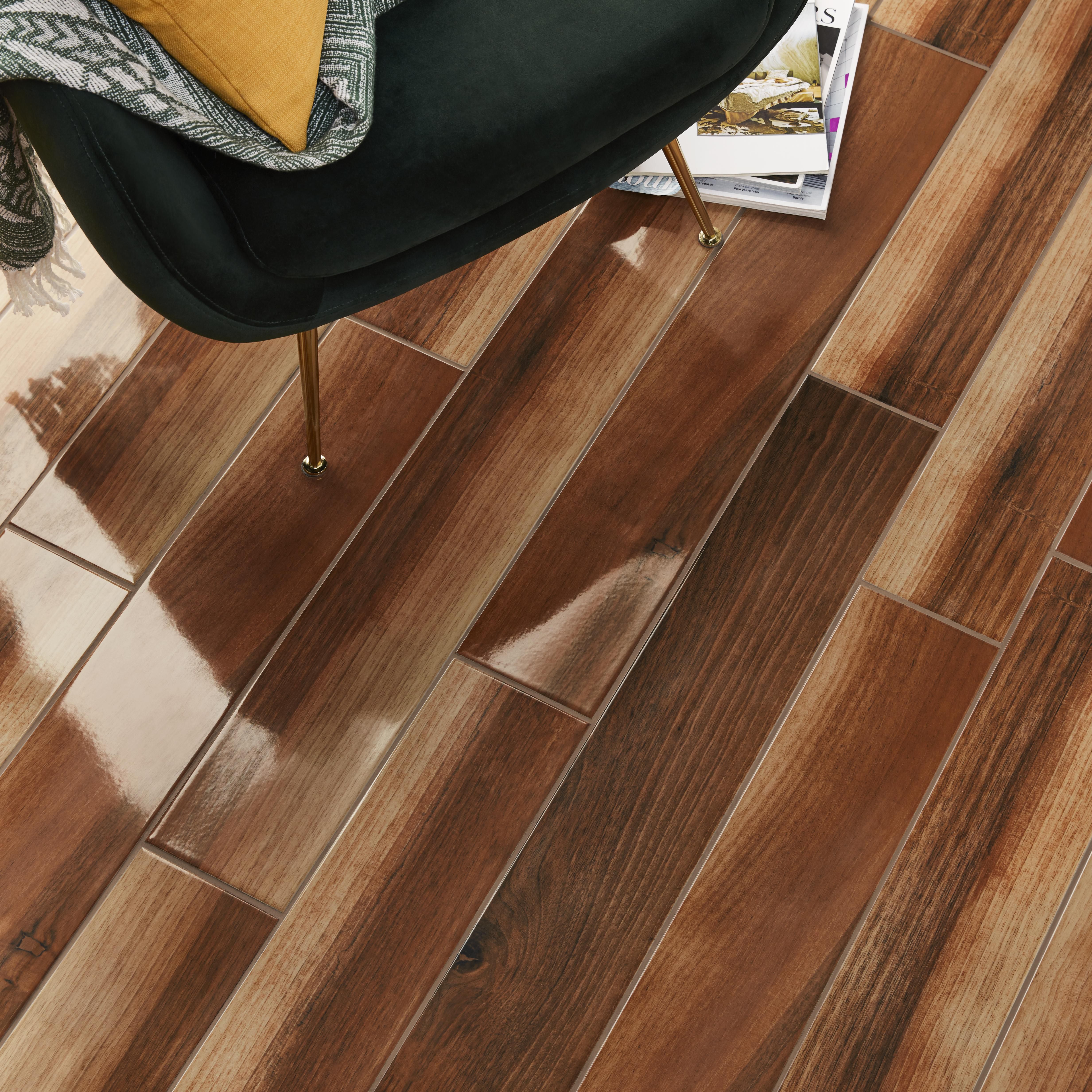 Colours High gloss Walnut Gloss Wood effect Porcelain Wall & floor Tile ...