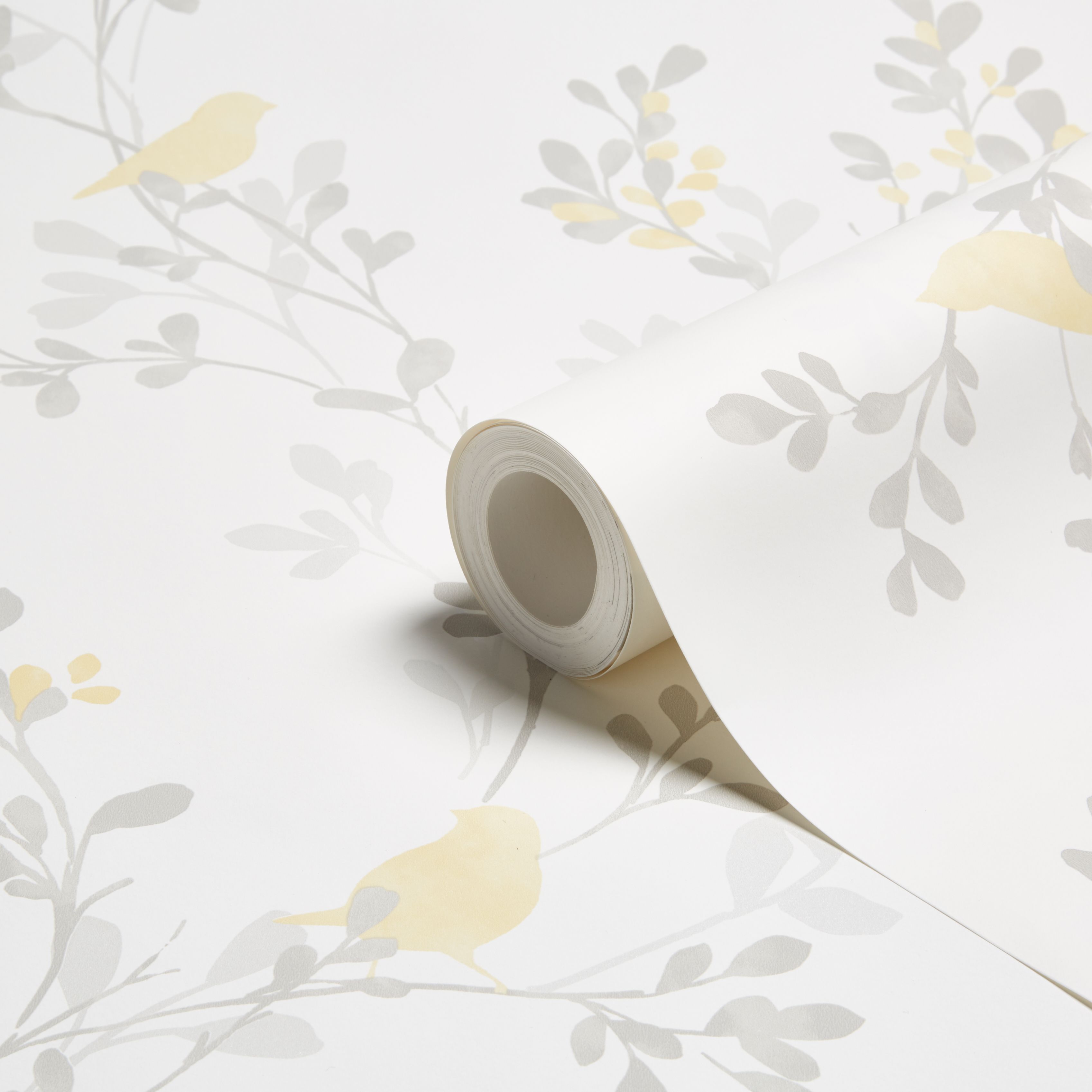 Colours Nadia Soft lemon Birds & foliage Mica effect Smooth Wallpaper ...