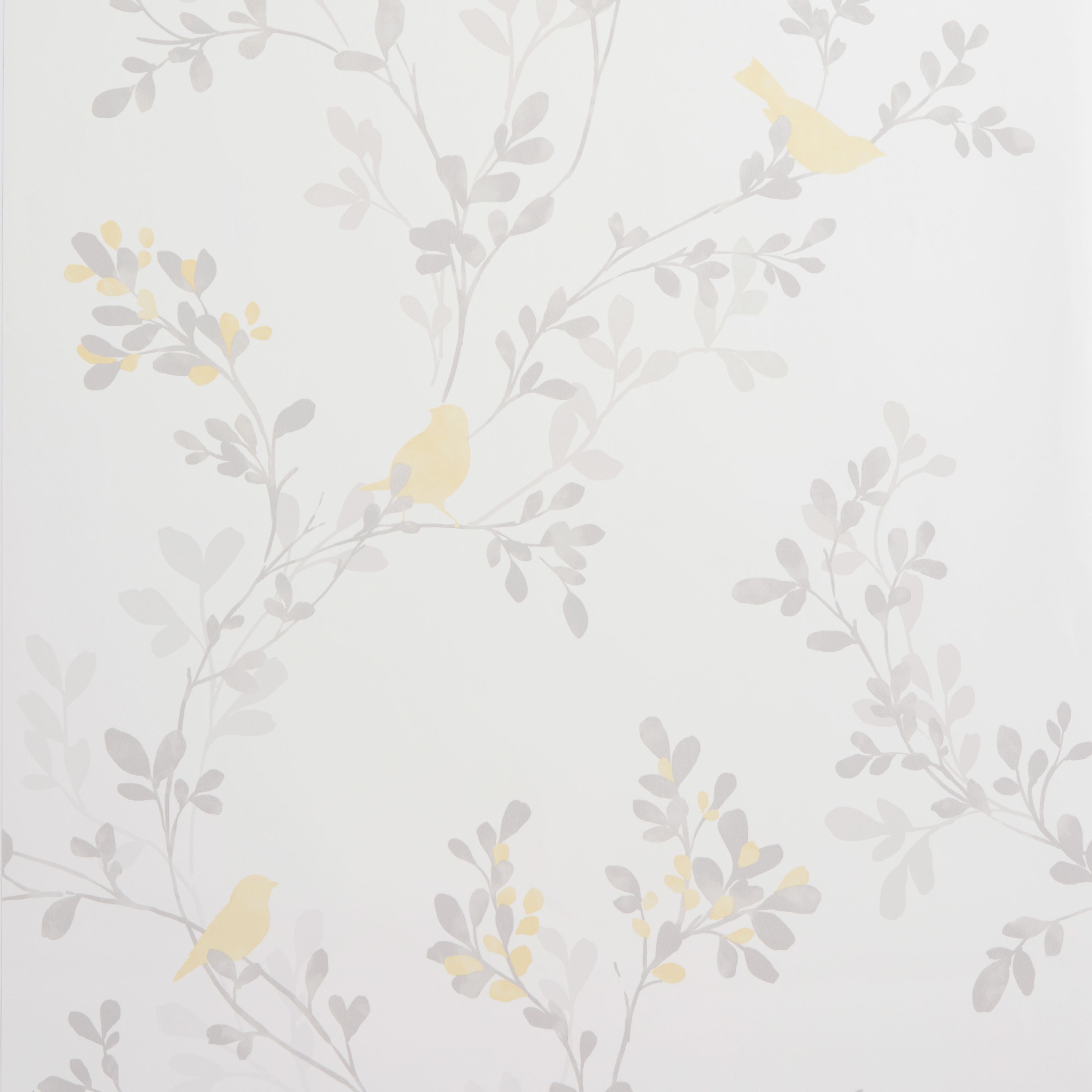 Colours Nadia Soft lemon Birds & foliage Mica effect Smooth Wallpaper ...