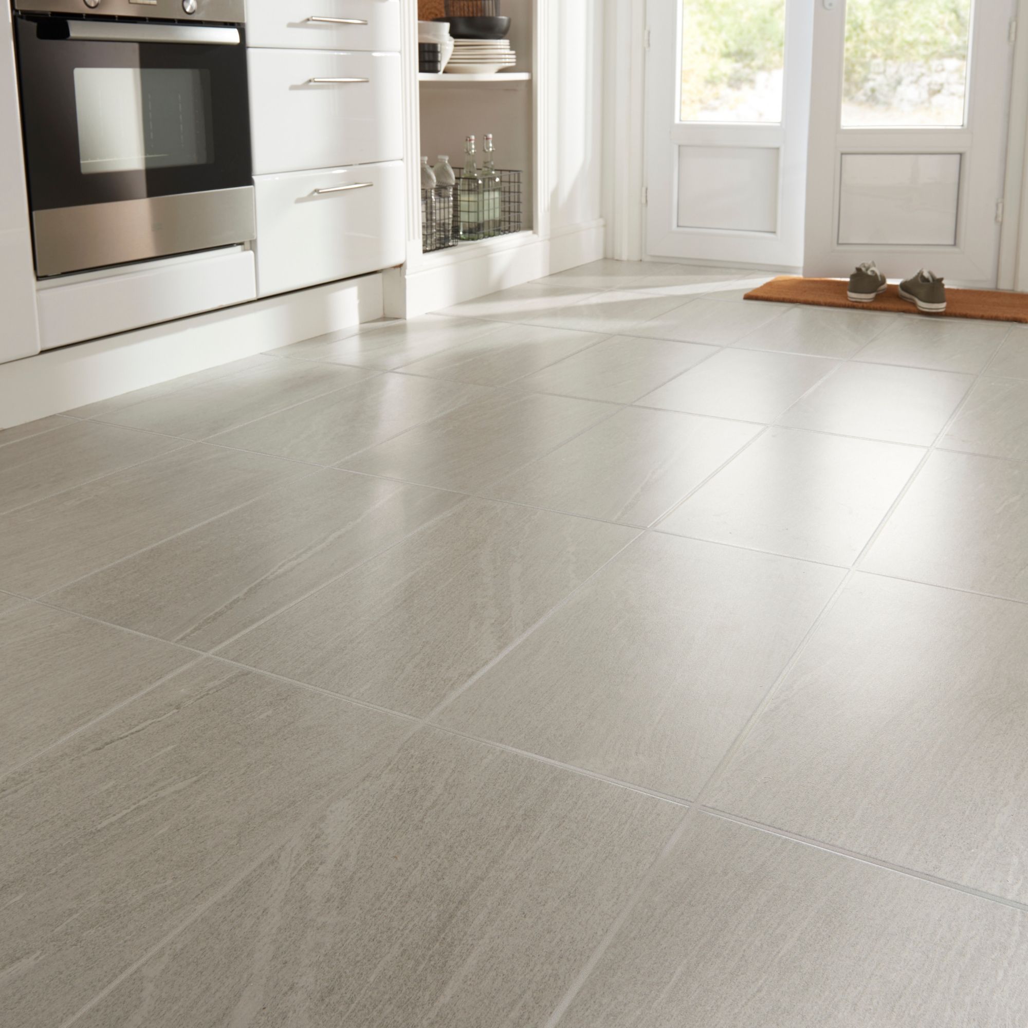 Colours Natural White Satin Stone effect Porcelain Indoor Wall & floor ...