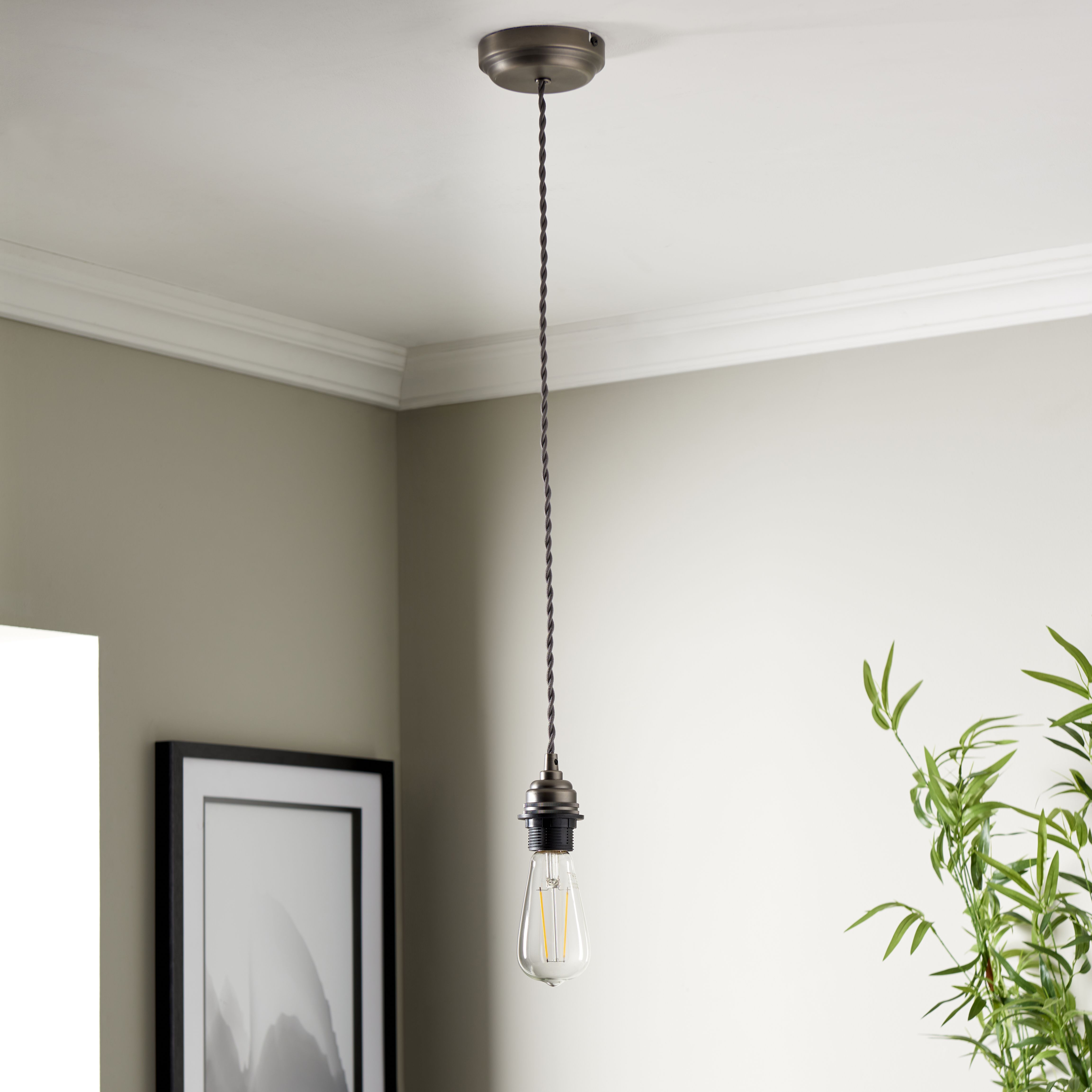 Colours Pewter effect E27 Cable light set (L)1500mm