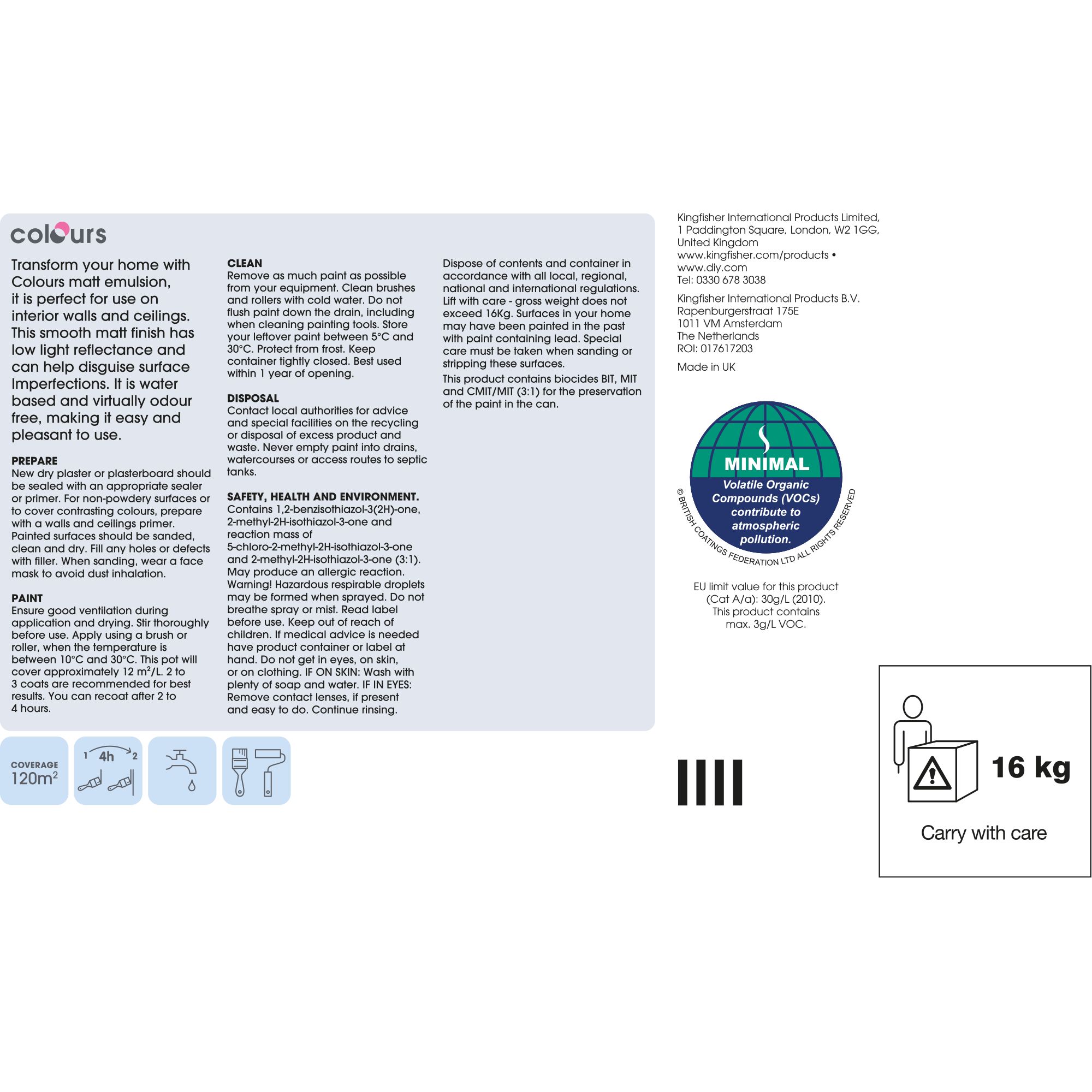 Colours Pure Brilliant White Matt Wall & ceiling Emulsion paint, 10L