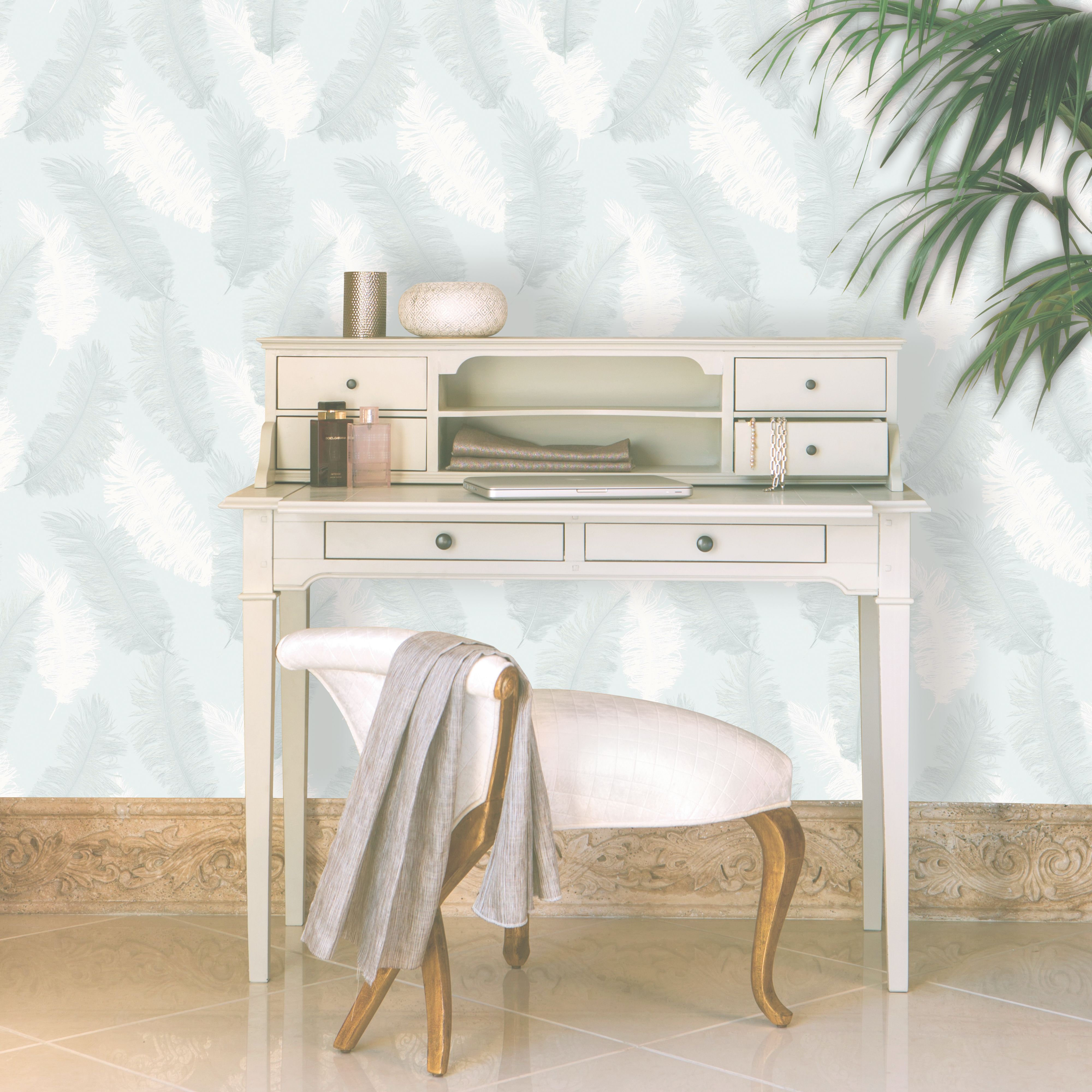 Colours Umali Duck egg Feather Glitter effect Contemporary Embossed ...