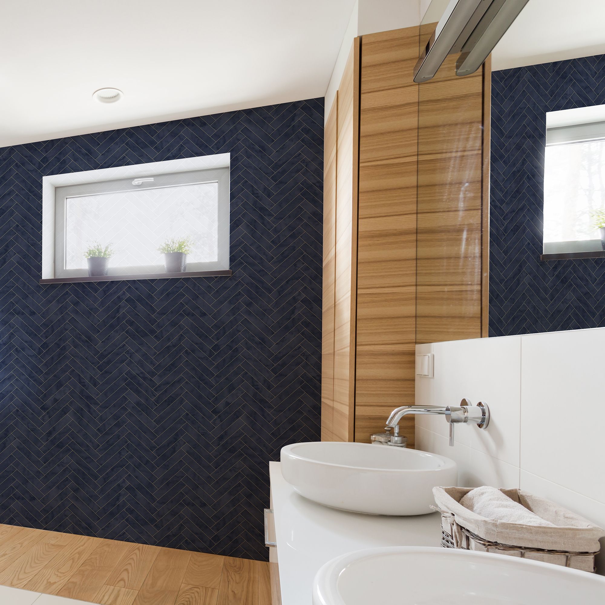Contour Navy Tile effect Marble chevron Textured Wallpaper Sample