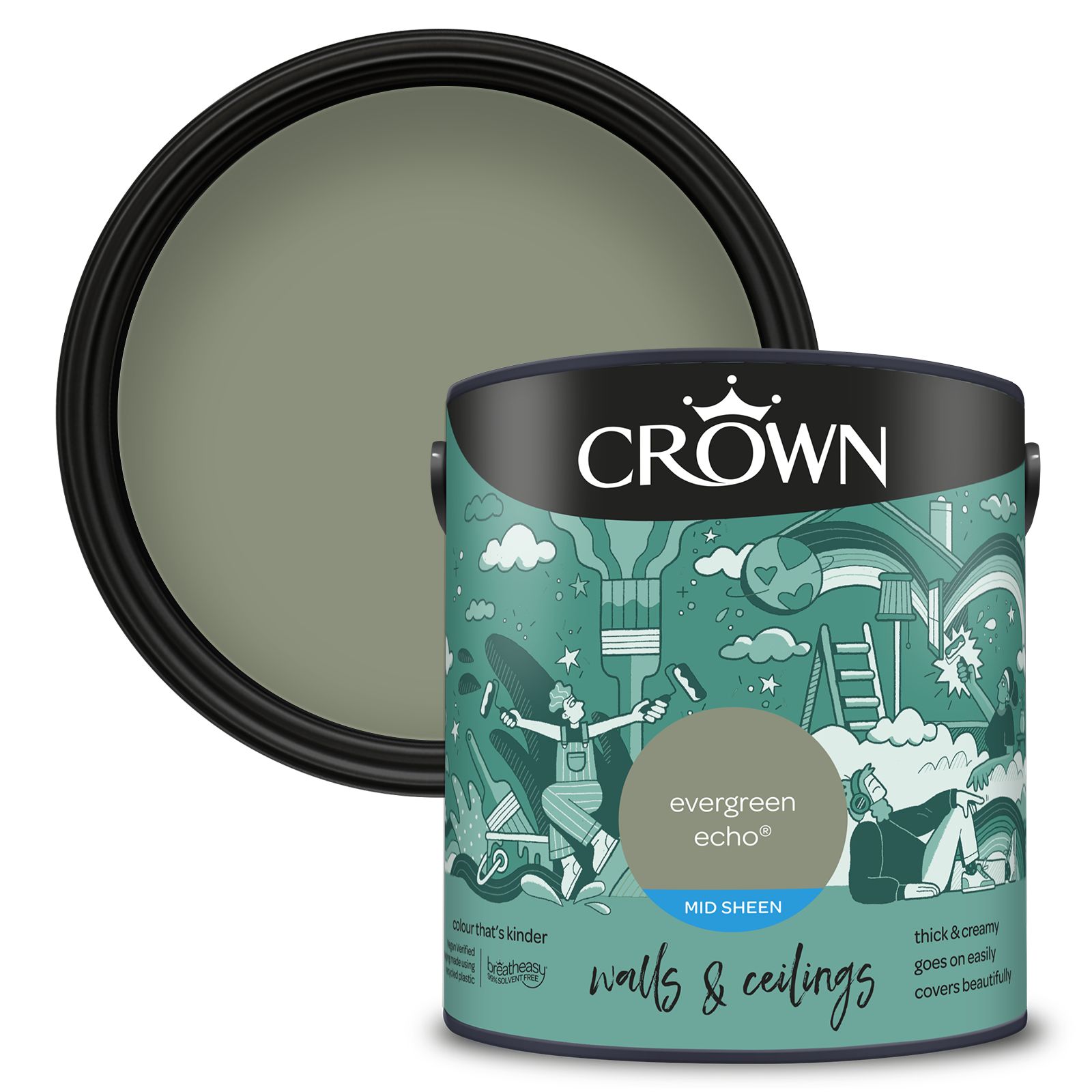 Crown Breatheasy Evergreen Echo Mid sheen Wall & ceiling Emulsion paint ...
