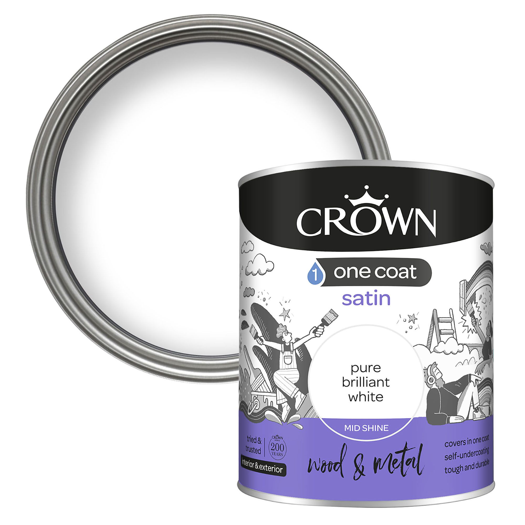 Crown One Coat Pure Brilliant White Satin Metal & wood Paint, 750ml