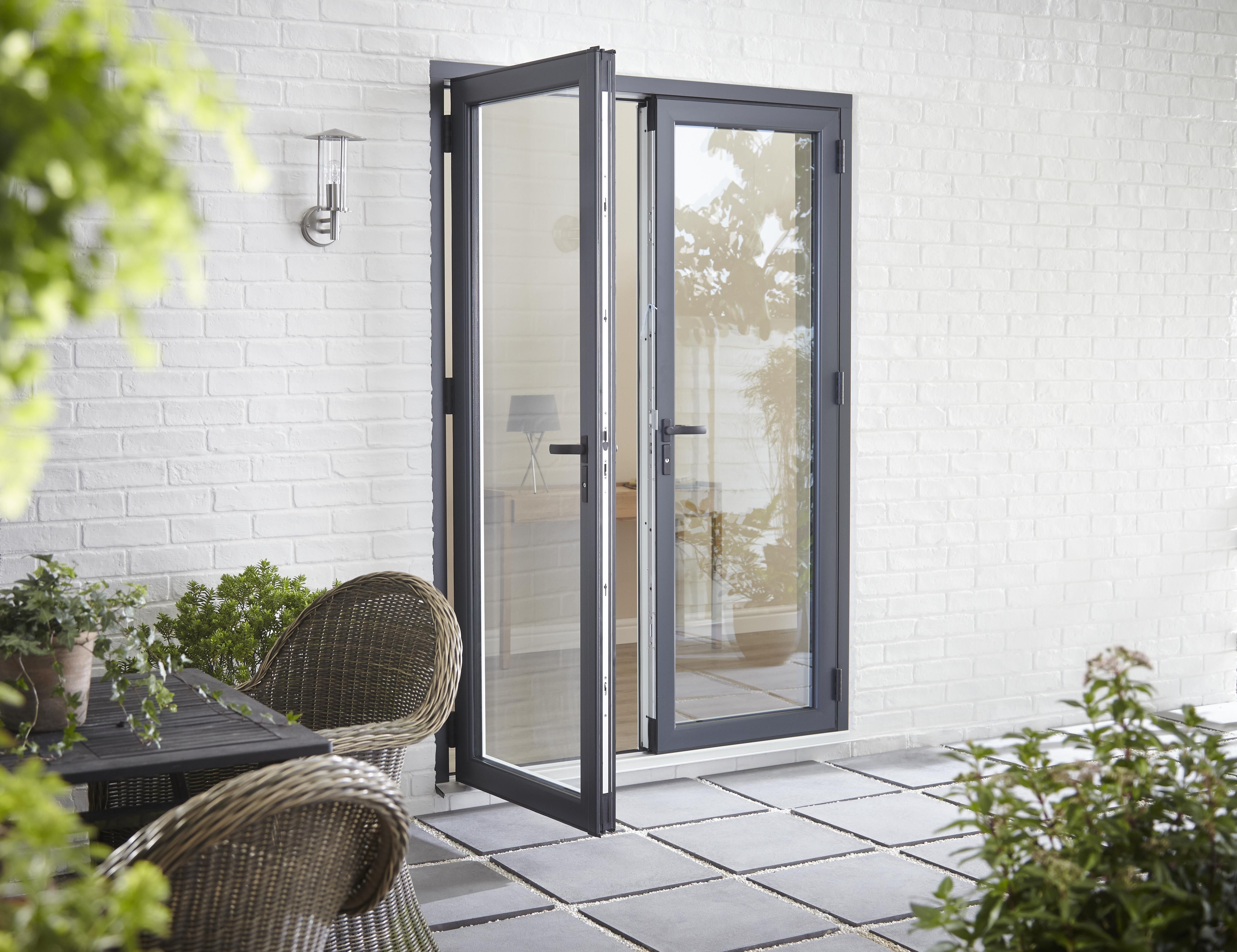 Crystal 1 Lite Glazed Grey Aluminium French Door set with 2 panes, (H)2104mm (W)1504mm External
