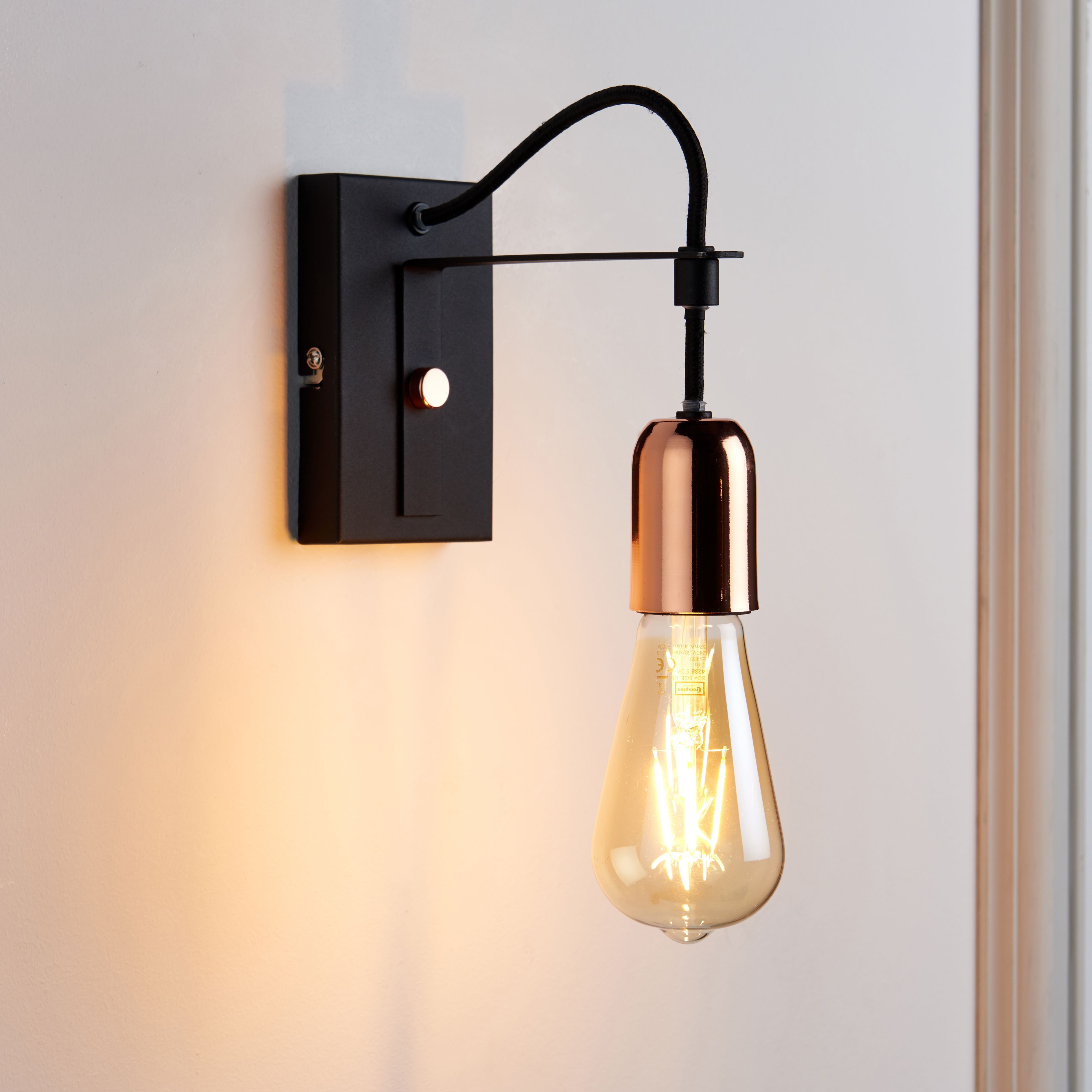 Detroit Industrial Matt Black & copper Wall light | DIY at B&Q