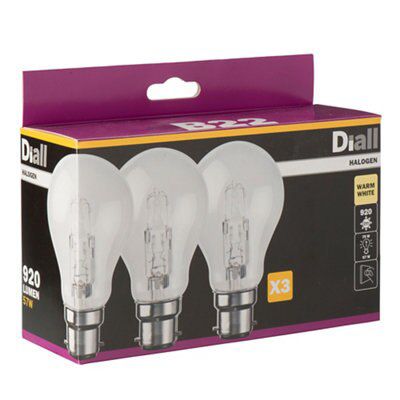 Diall B22 57W Classic Halogen Dimmable Light bulb, Pack of 3 | DIY at B&Q