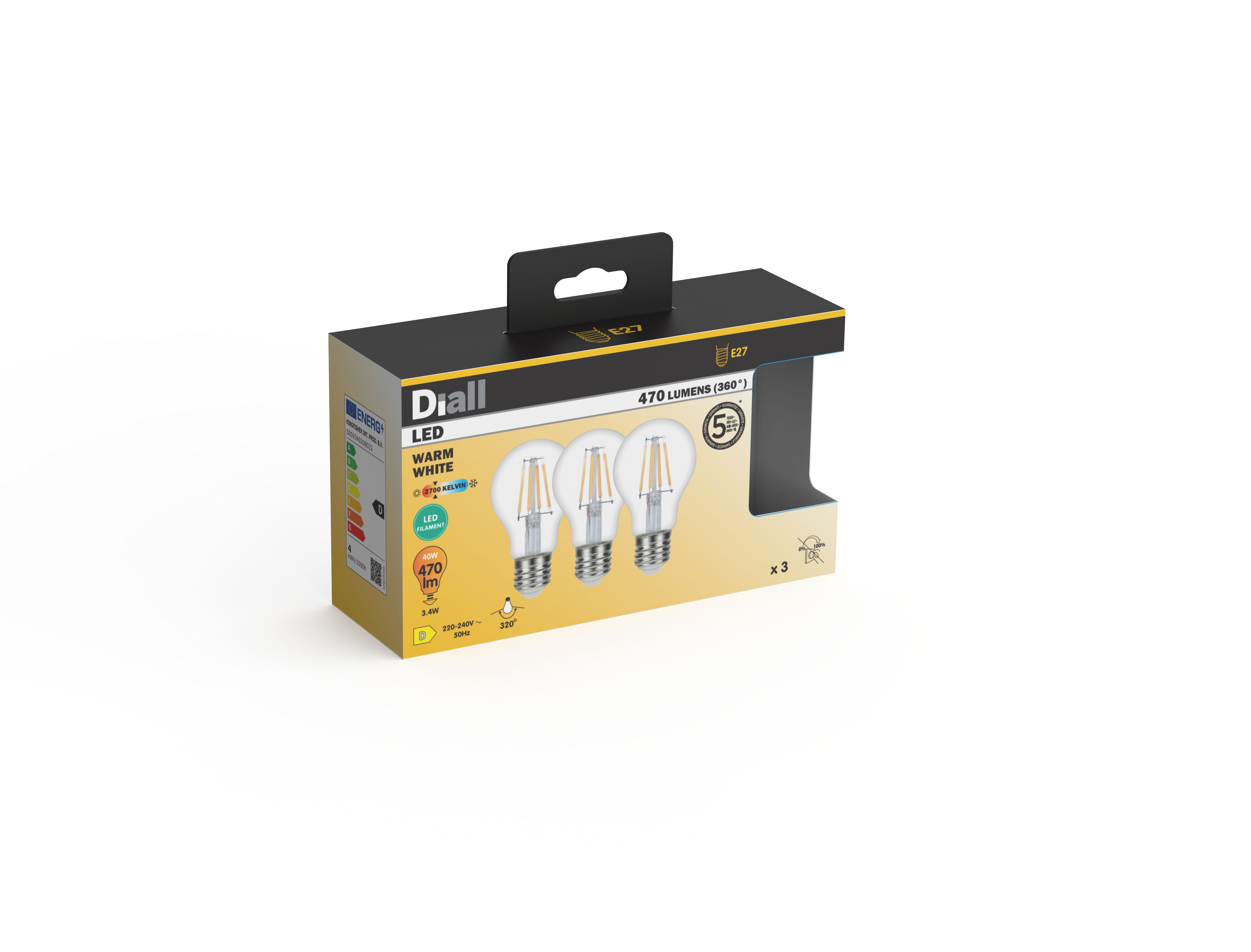 Diall E27 3.4W 470lm Clear GLS Warm white LED Filament Light bulb, Pack ...
