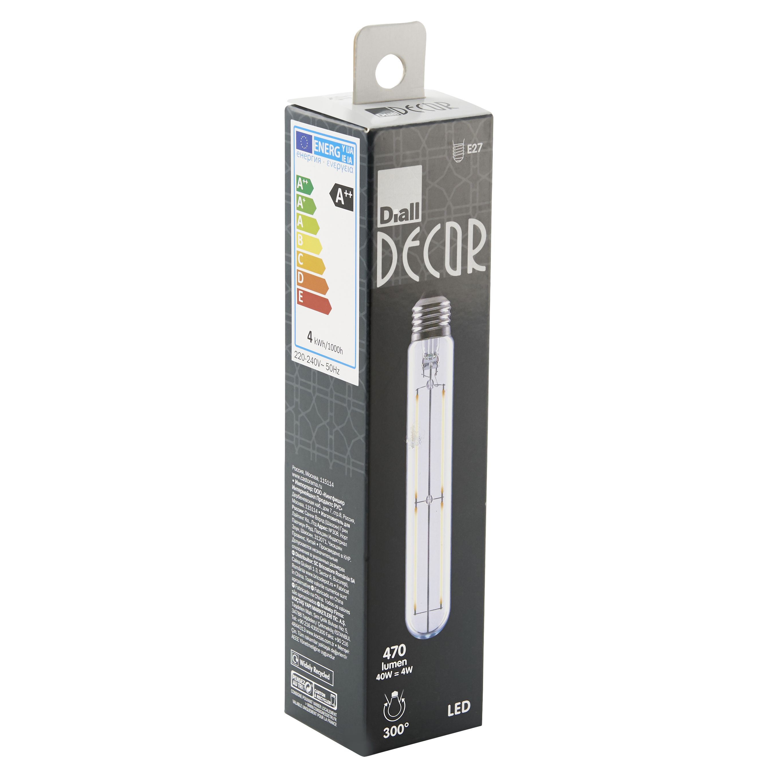 Diall E27 4W 470lm Tube Warm white LED Filament Light bulb