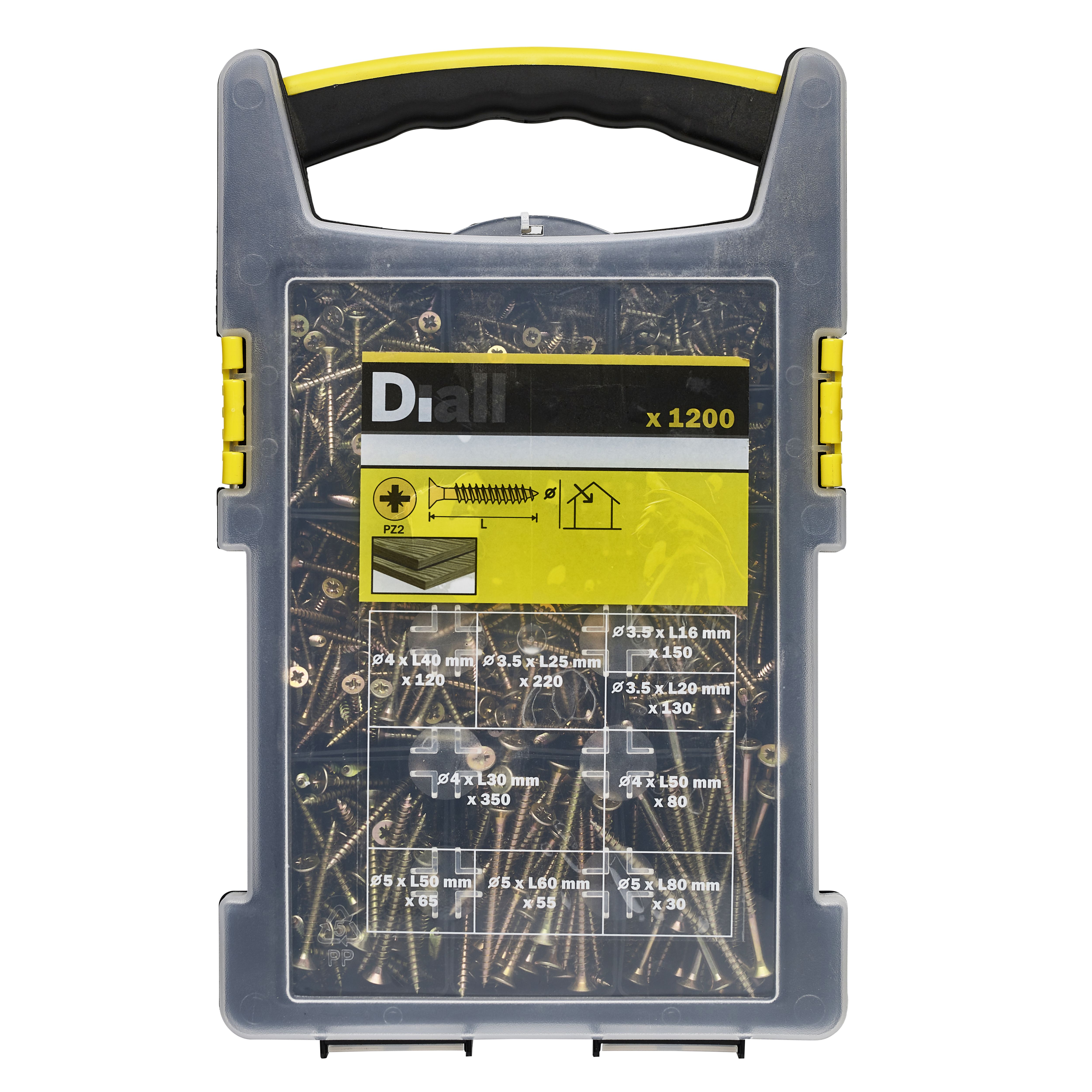 Diall Yellow-passivated Carbon steel Screws trade case, Set of 1200 ...