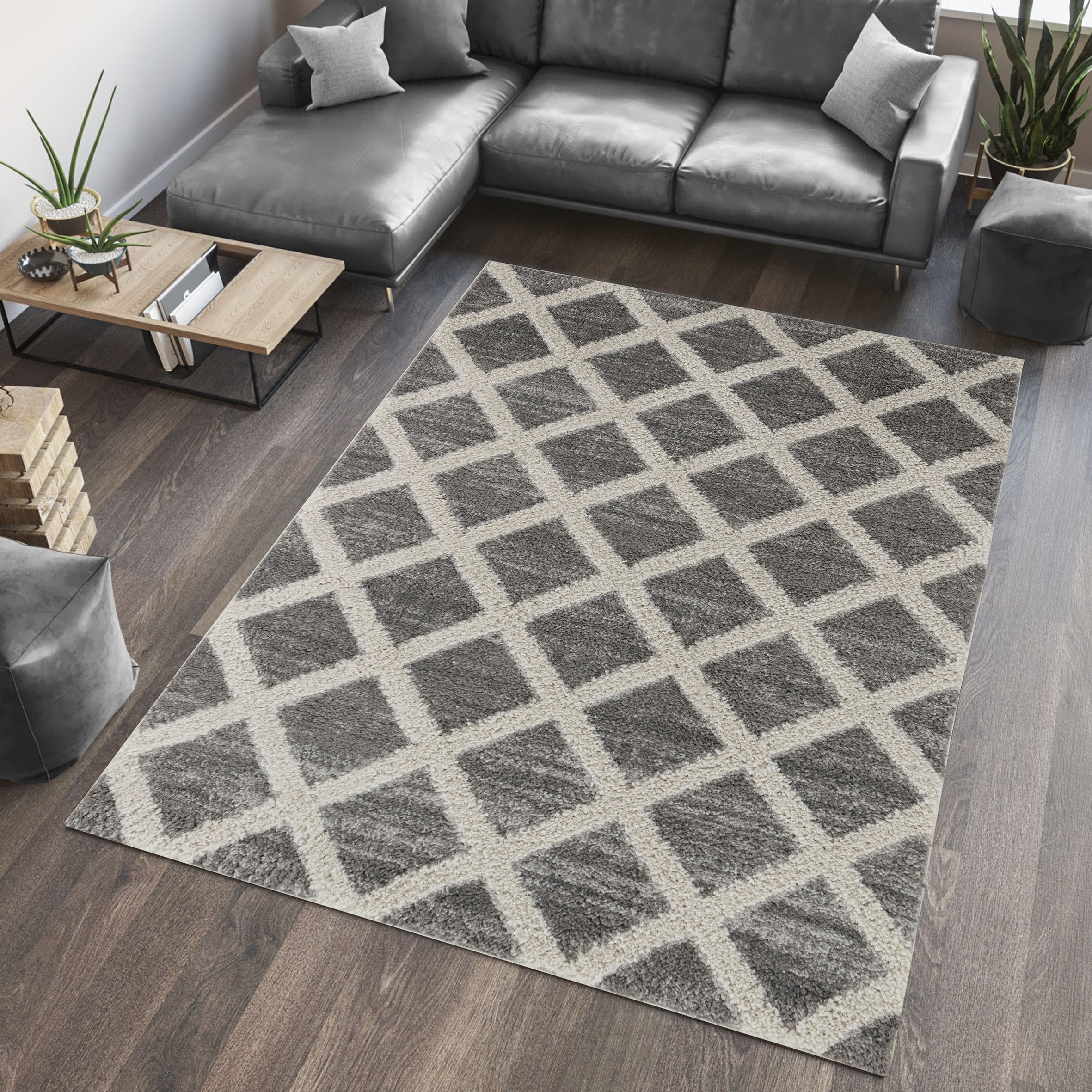 Diamond Shaggy Grey Modern Woven effect Medium Rug, (L)160cm x (W)120cm ...