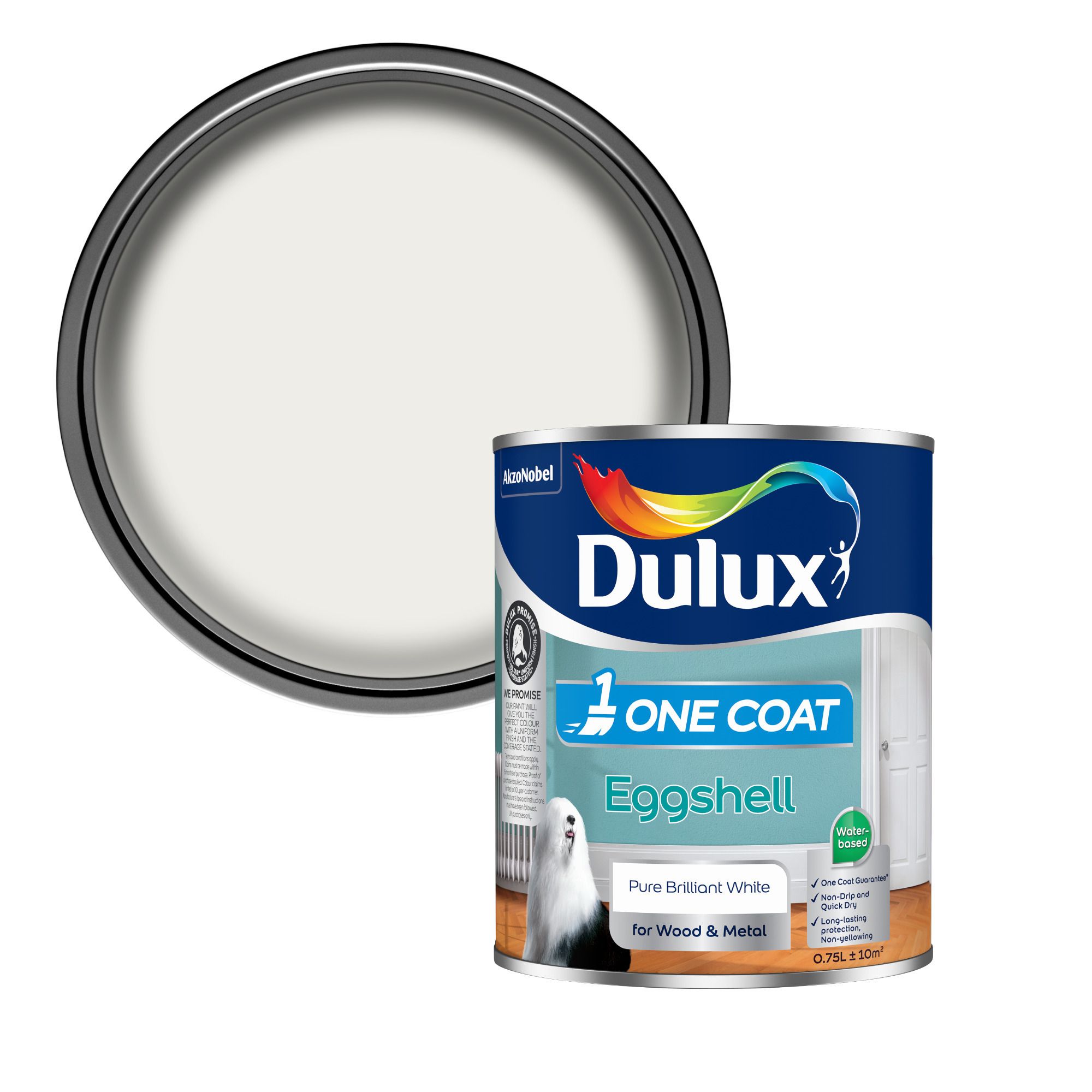 Dulux One Coat Pure Brilliant White Eggshell Metal & wood paint, 750ml