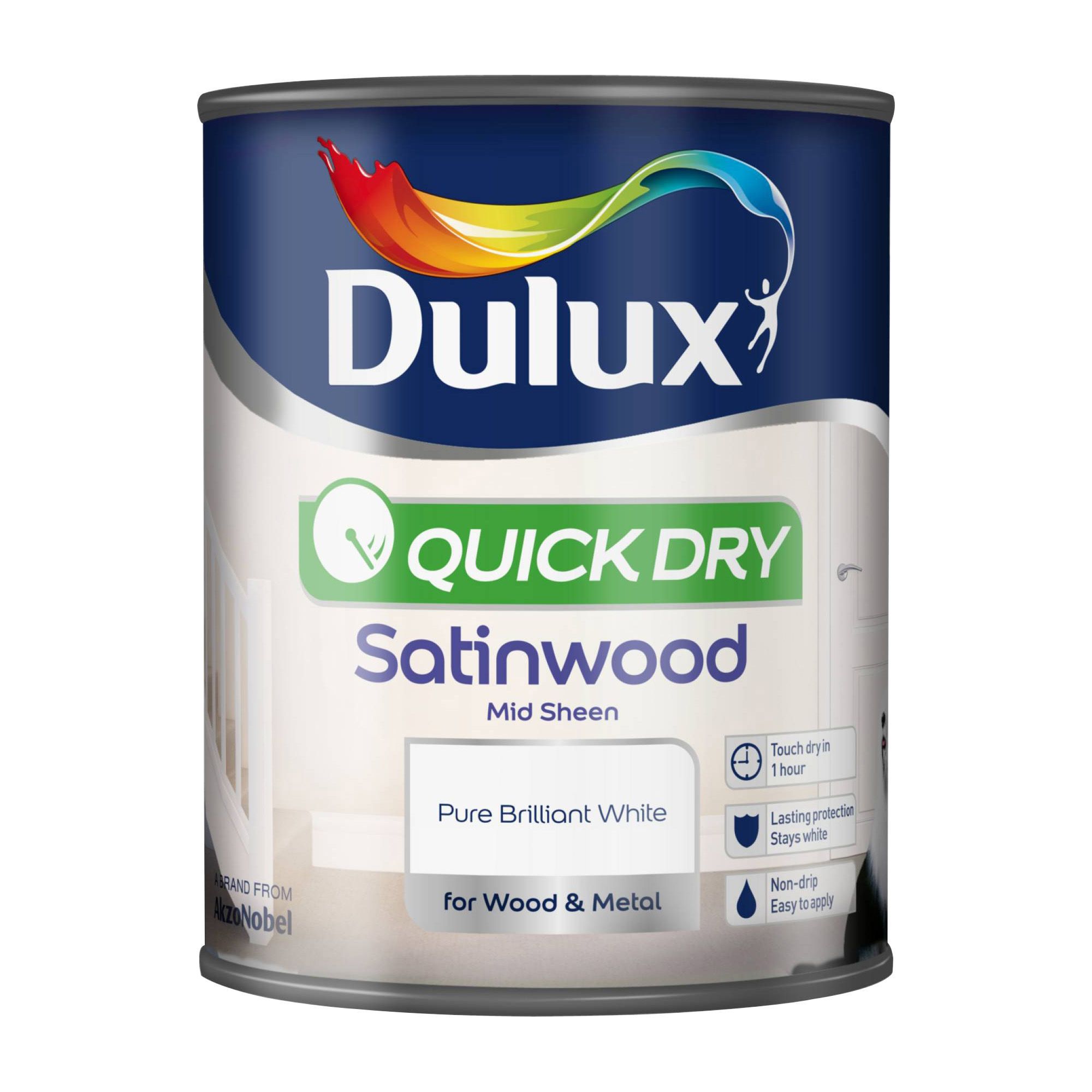 Dulux Quick Dry Pure brilliant white Satinwood Metal & wood paint, 750ml