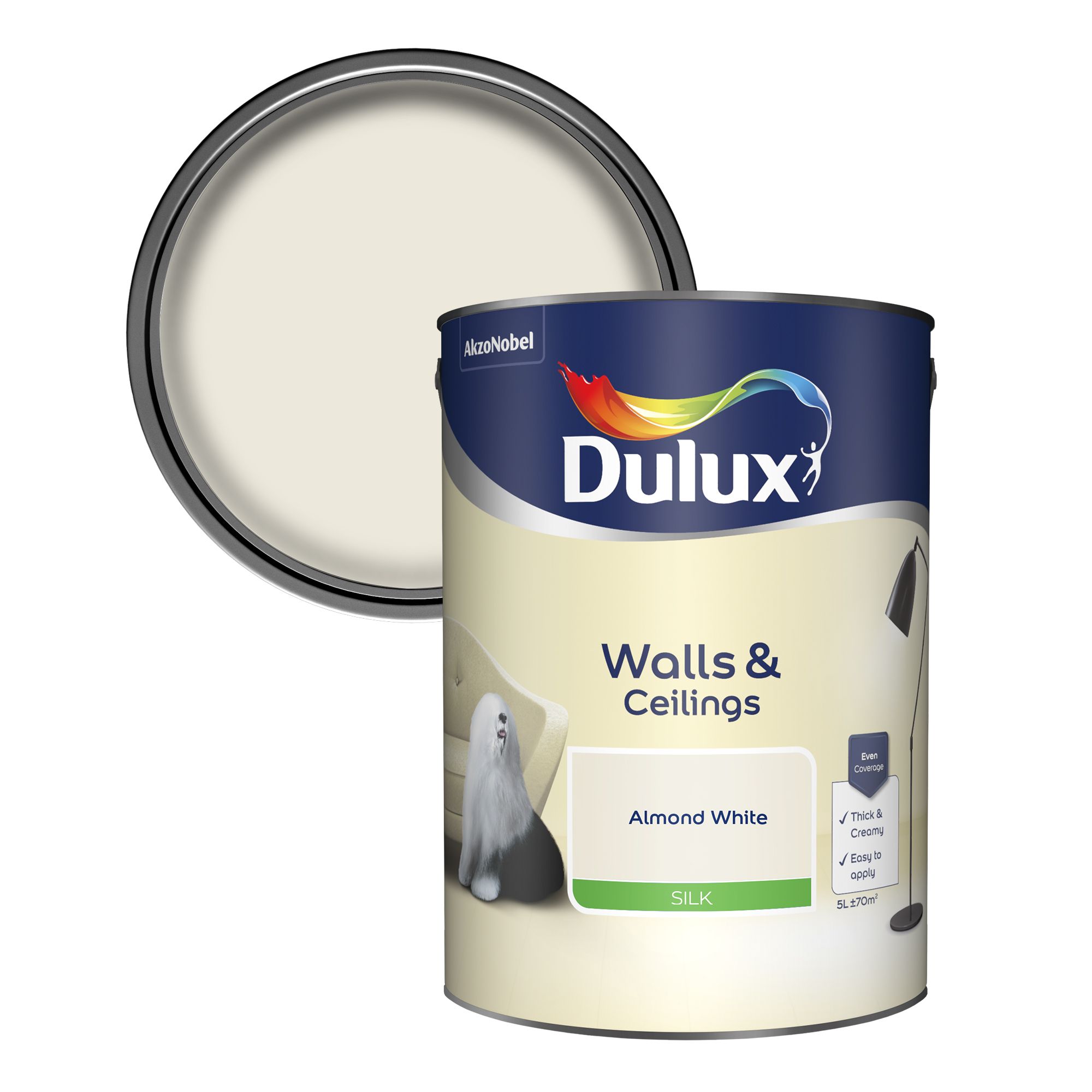 Dulux Walls & Ceilings Almond white Silk Emulsion paint, 5L