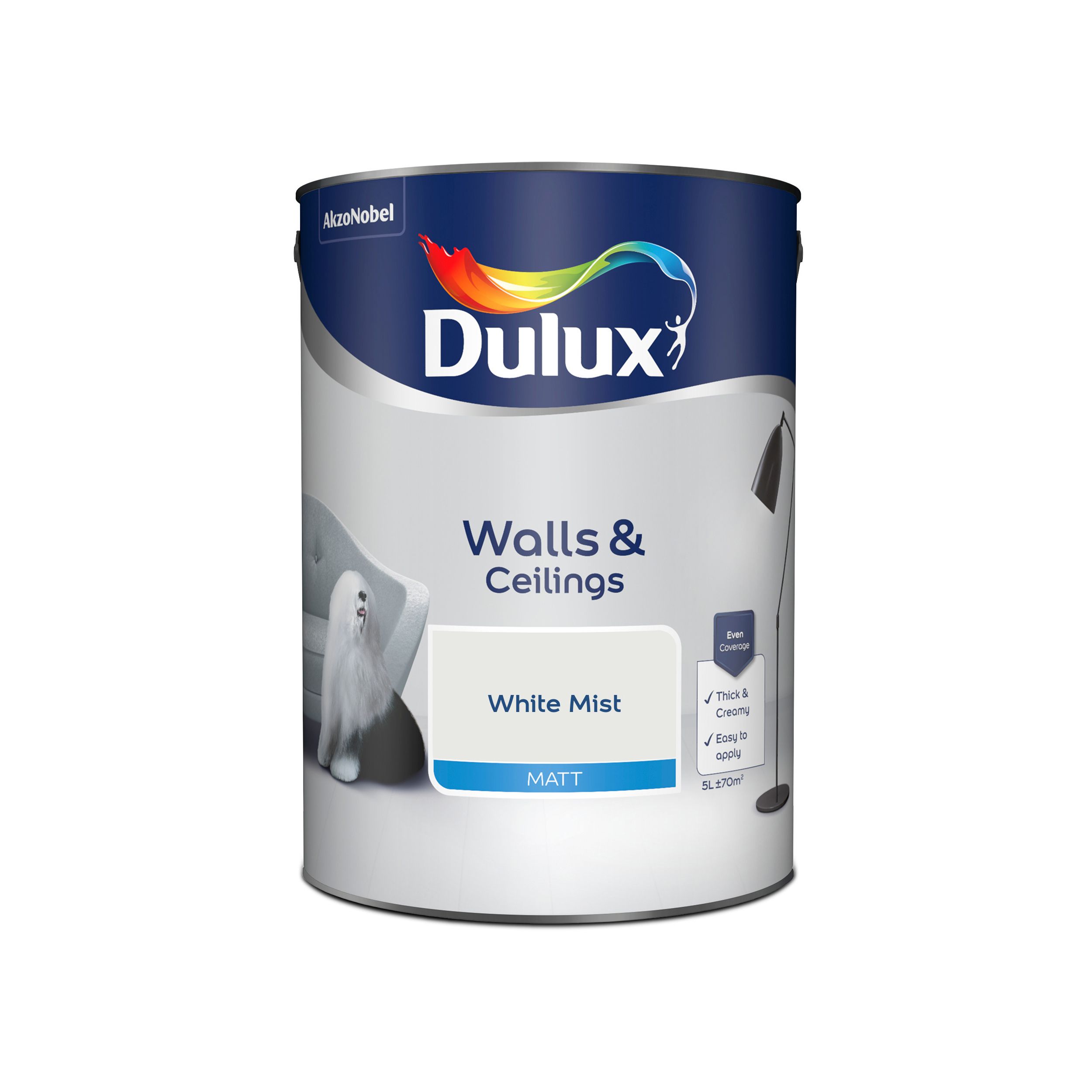 Dulux Walls & ceilings White mist Matt Emulsion paint, 5L