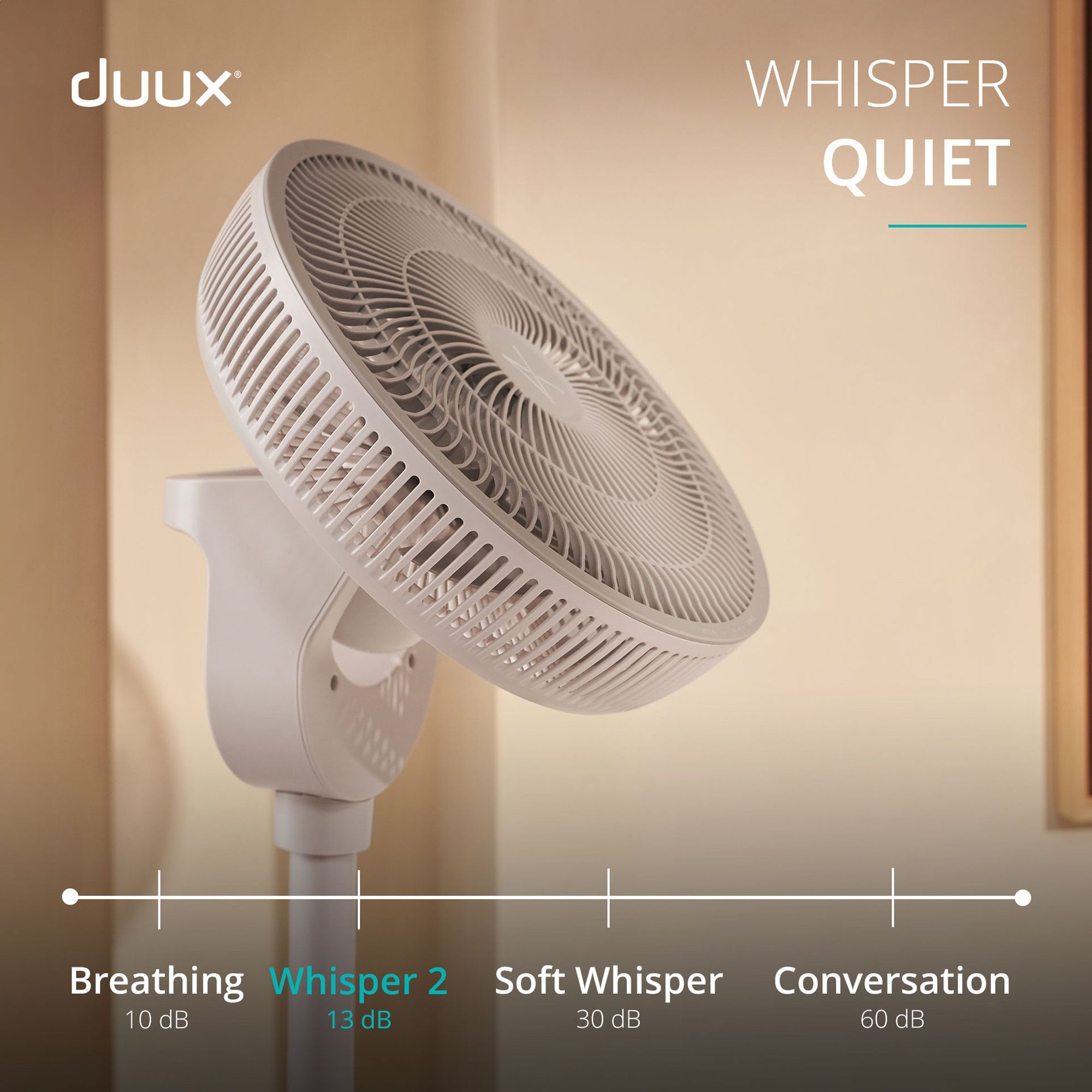 DUUX WHISPER 2 QUIET MARK WHITE 12" REMOTE CONTROLLED PEDESTAL FAN