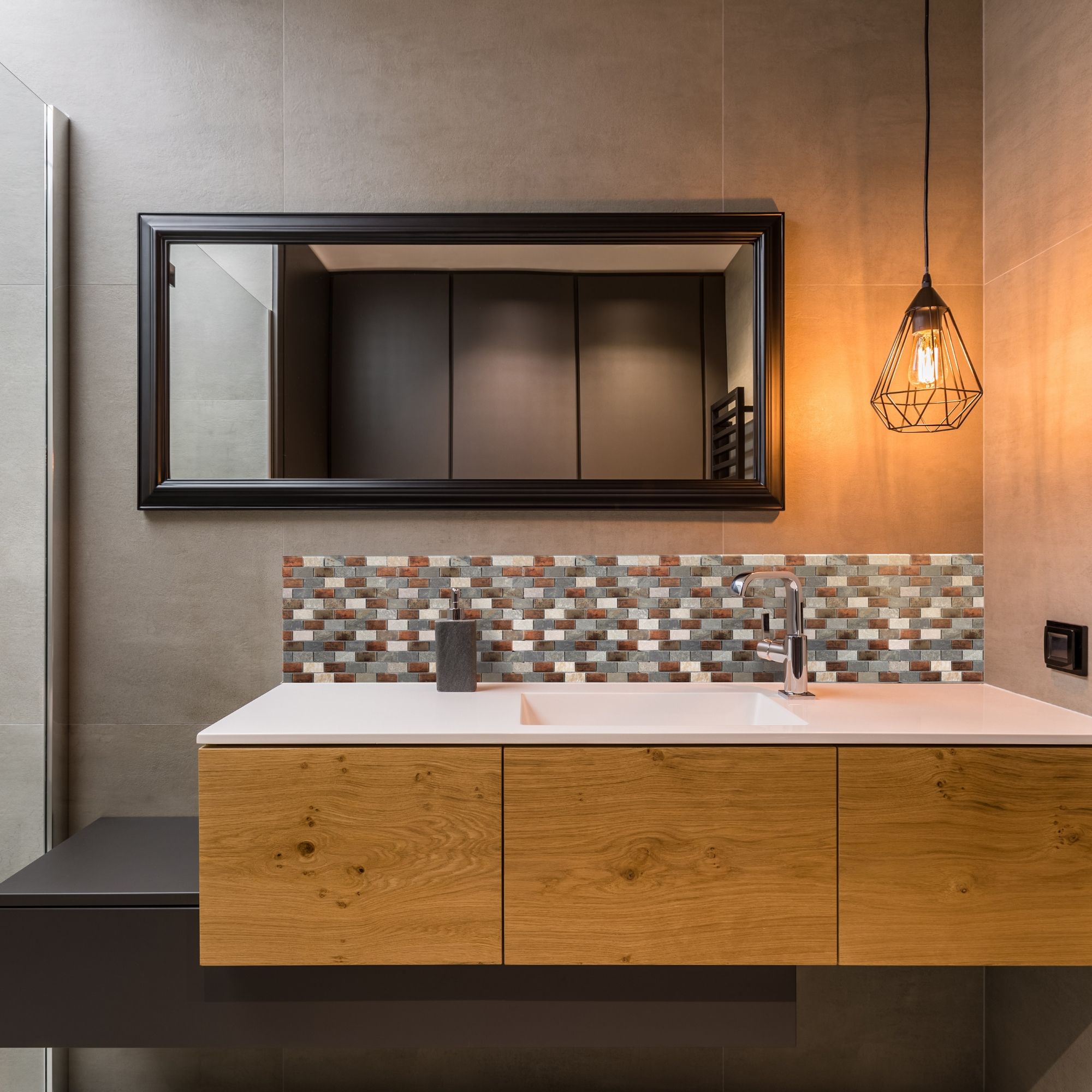 Dylan Grey Matt Copper effect Brick Glass & stone Mosaic tile, (L)295mm ...