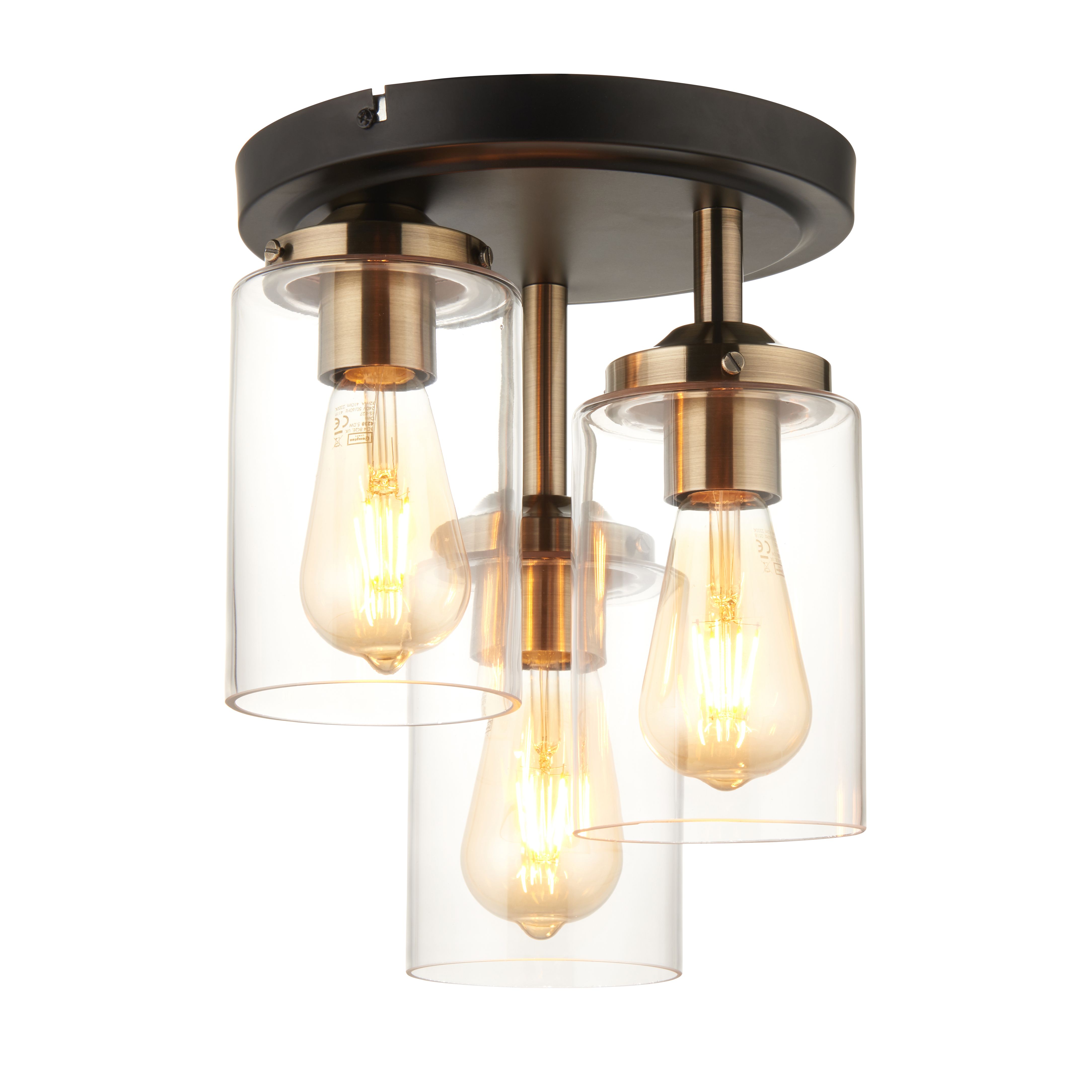 Edinburgh Matt Glass & steel Black Antique brass effect 3 Lamp Ceiling ...