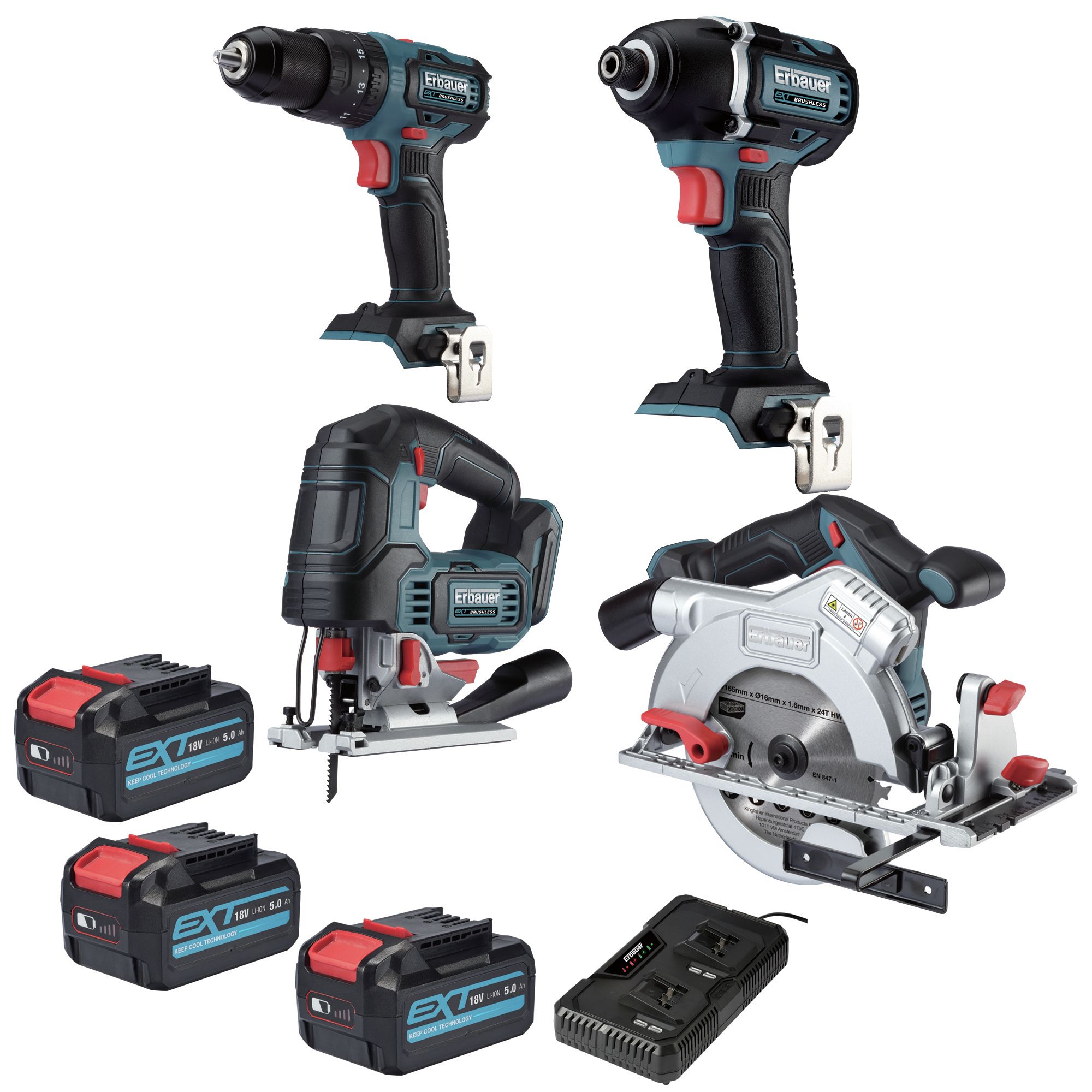 Erbauer 18V Li-ion EXT Cordless 4 piece Power tool kit - ECD18-Li-2 ...