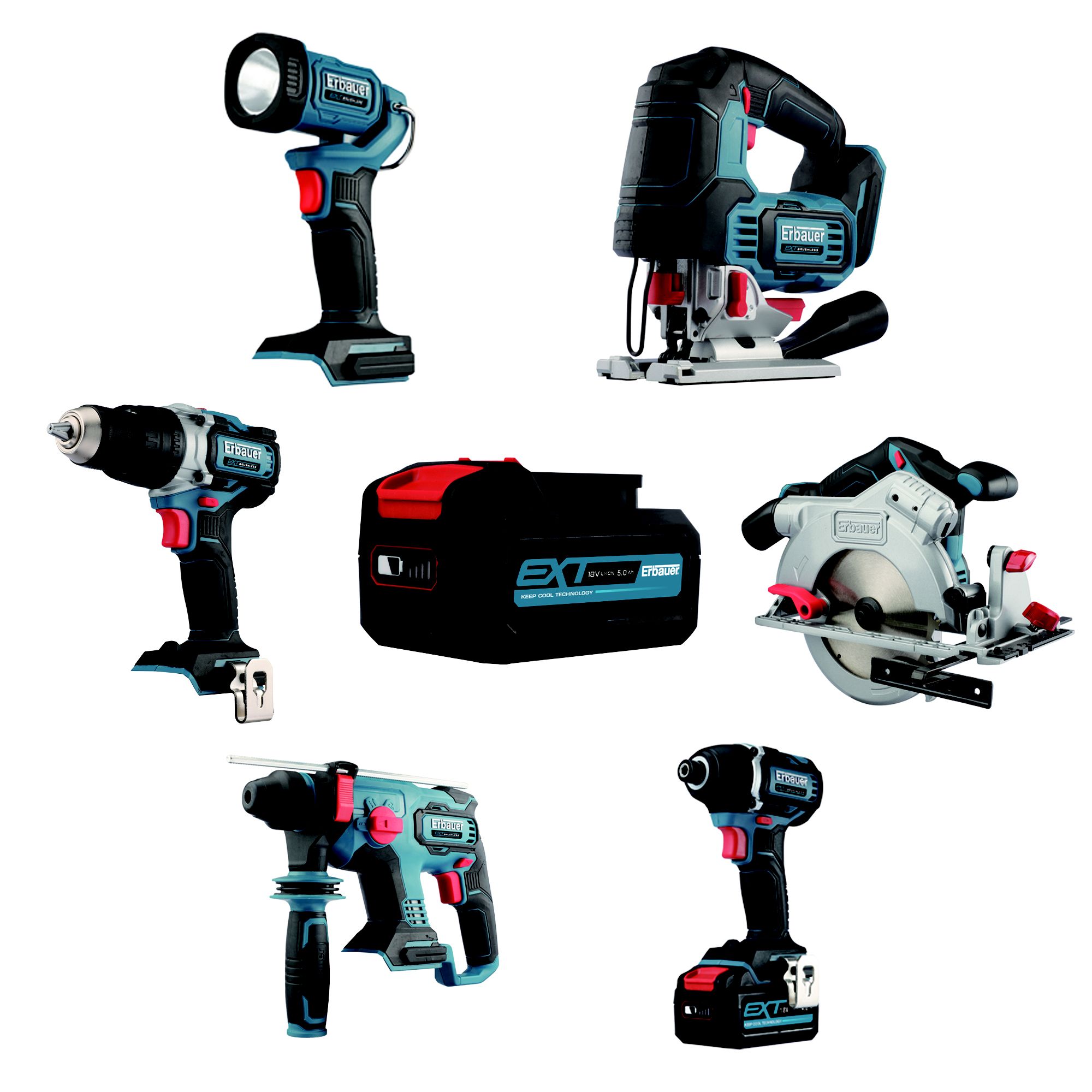 Erbauer EXT 18V Li-ion Cordless 6 piece Power tool kit (2 x 5Ah)