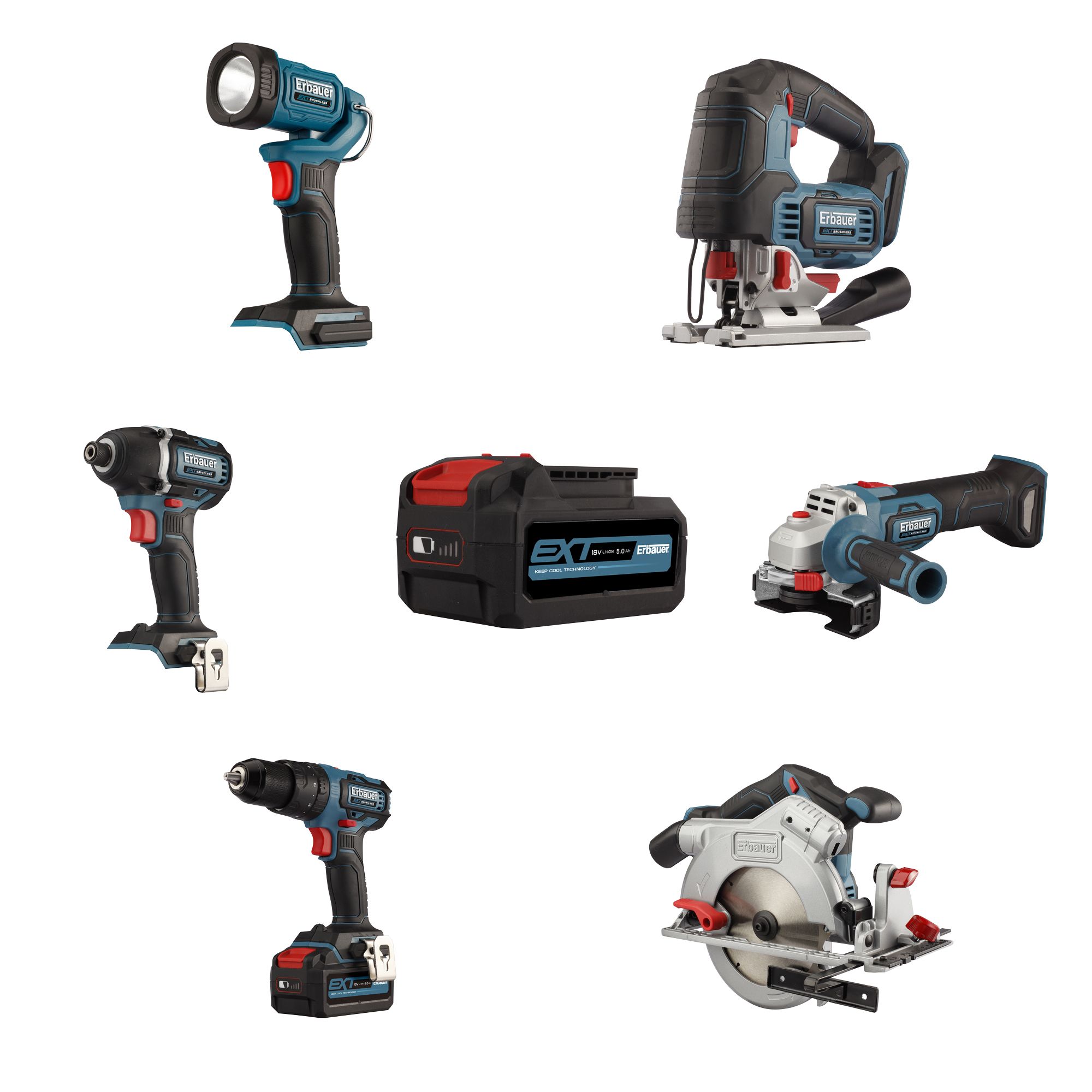 Erbauer EXT 18V Li-ion Cordless 6 piece Power tool kit
