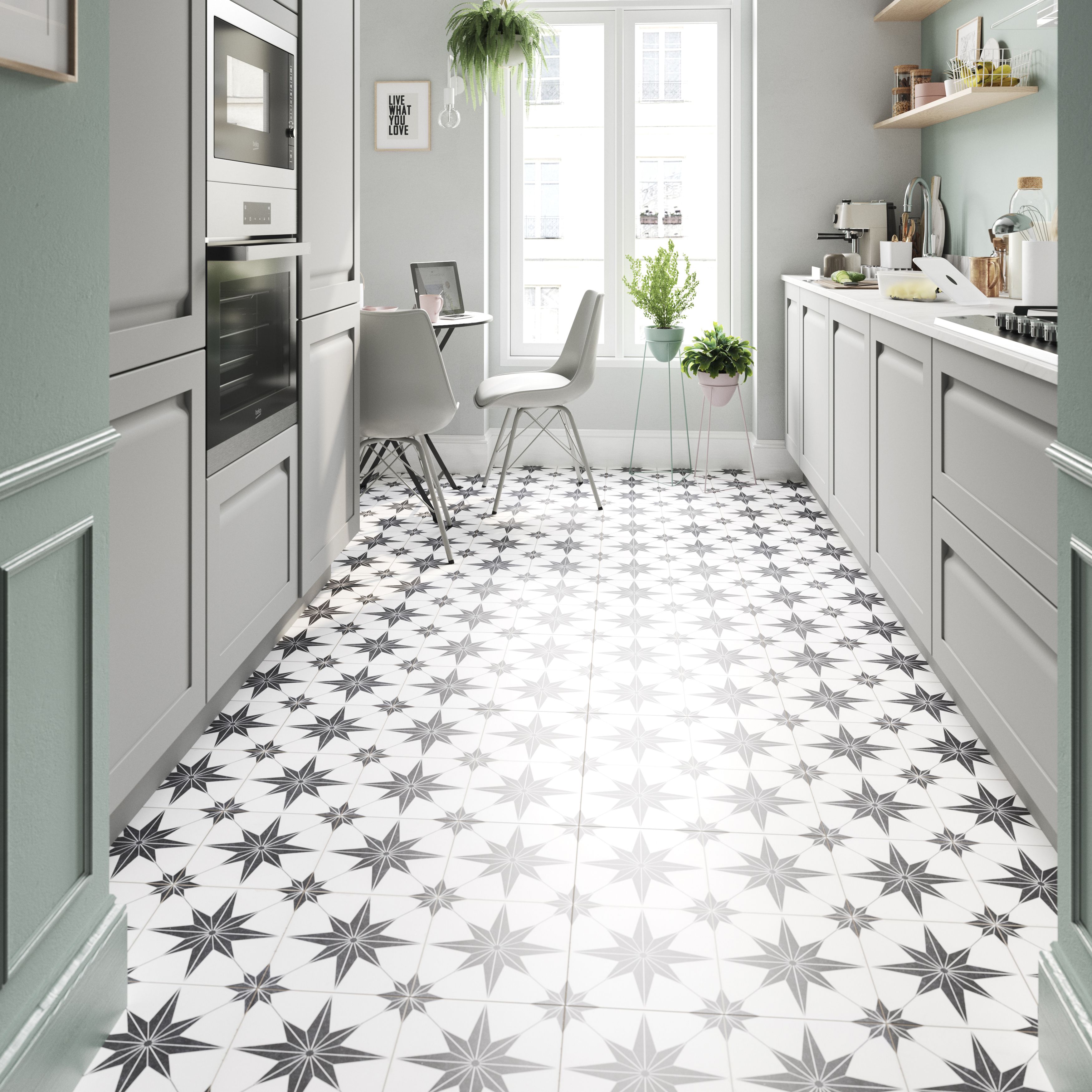 Etoile White & Black Matt Patterned Distressed effect Porcelain Wall ...