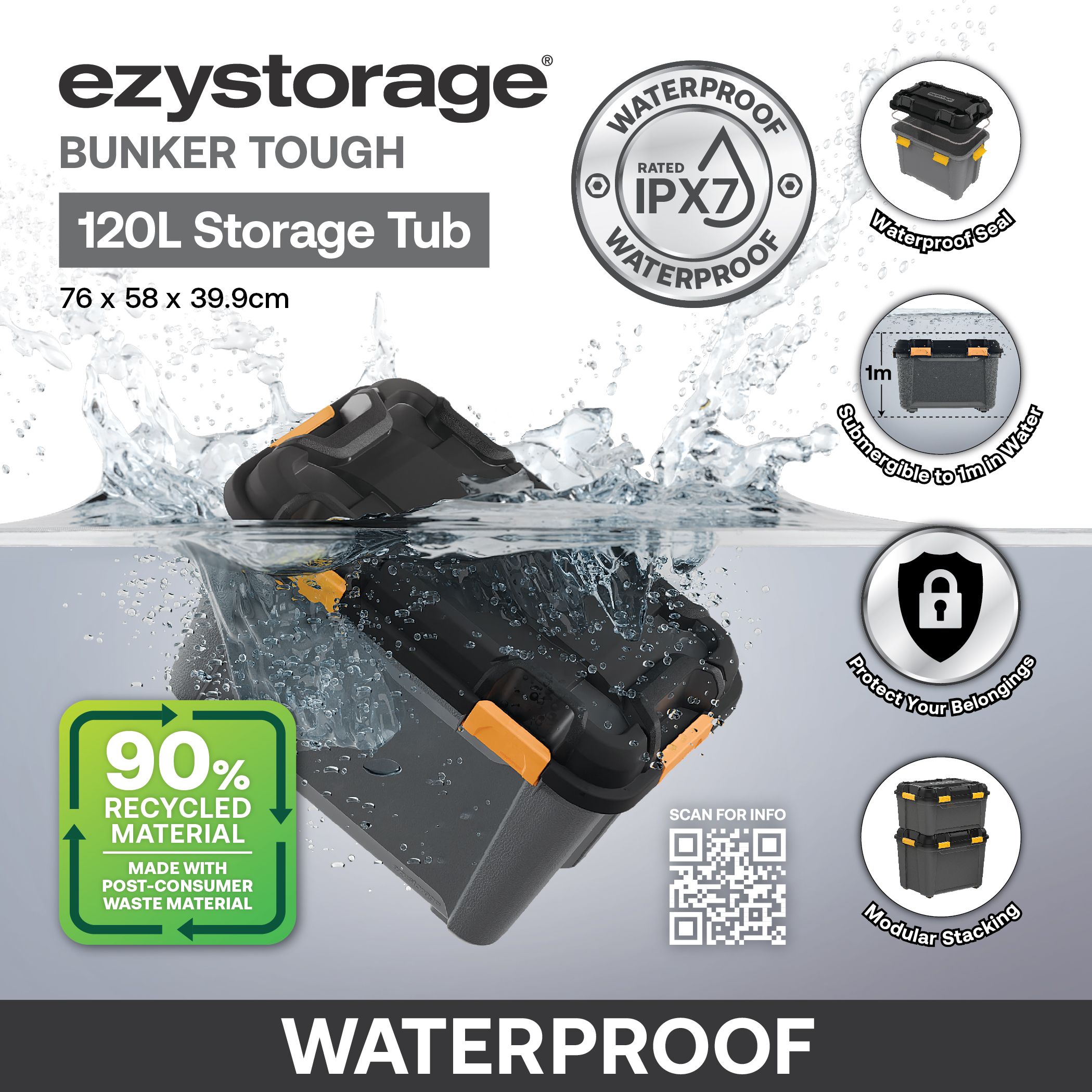 Ezy Storage Bunker tough Heavy duty Black 120L XL Plastic Stackable ...