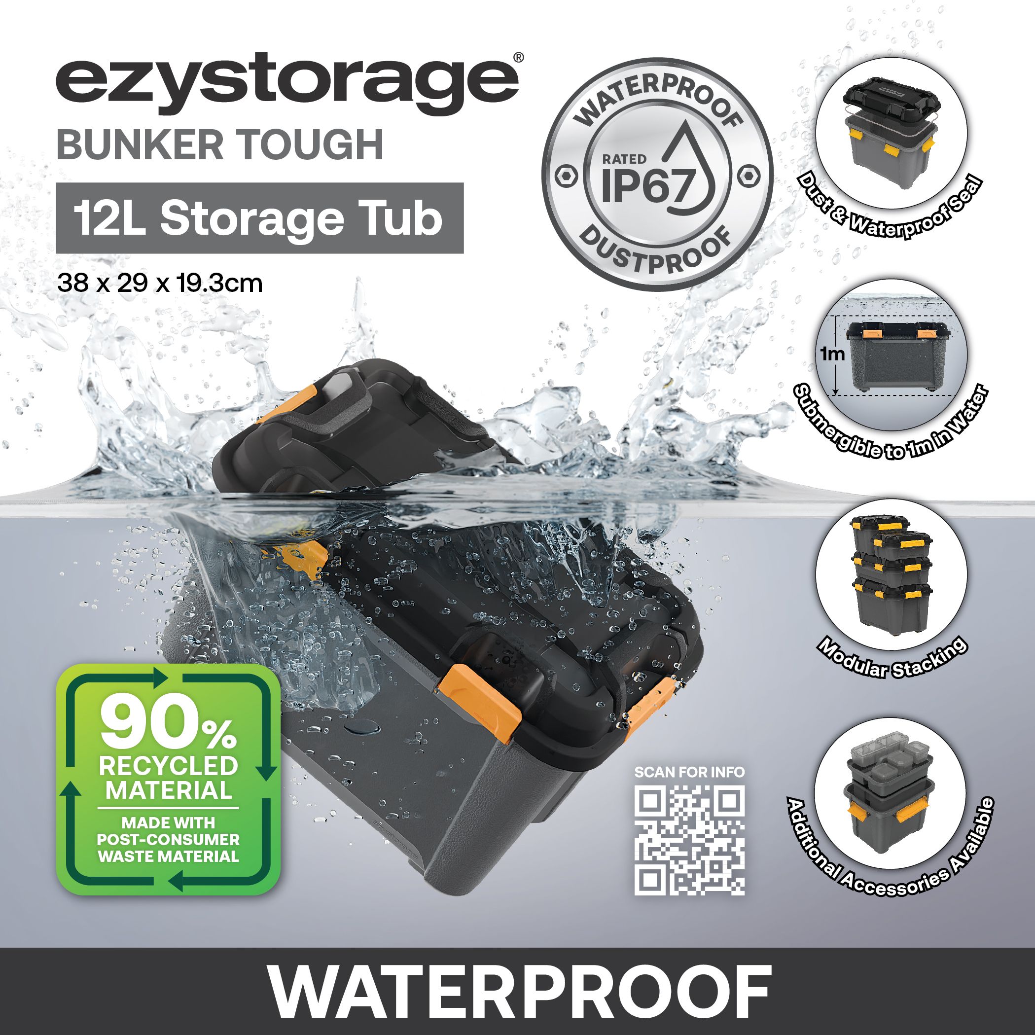 Ezy Storage Bunker tough Heavy duty Black 12L XS Plastic Stackable ...