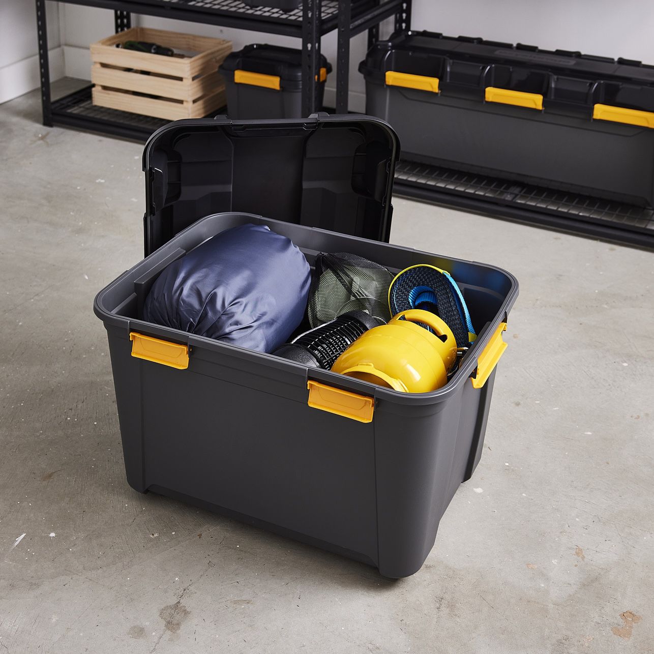 Ezy Storage Bunker tough Heavy duty Black 160L XXL Plastic Stackable ...