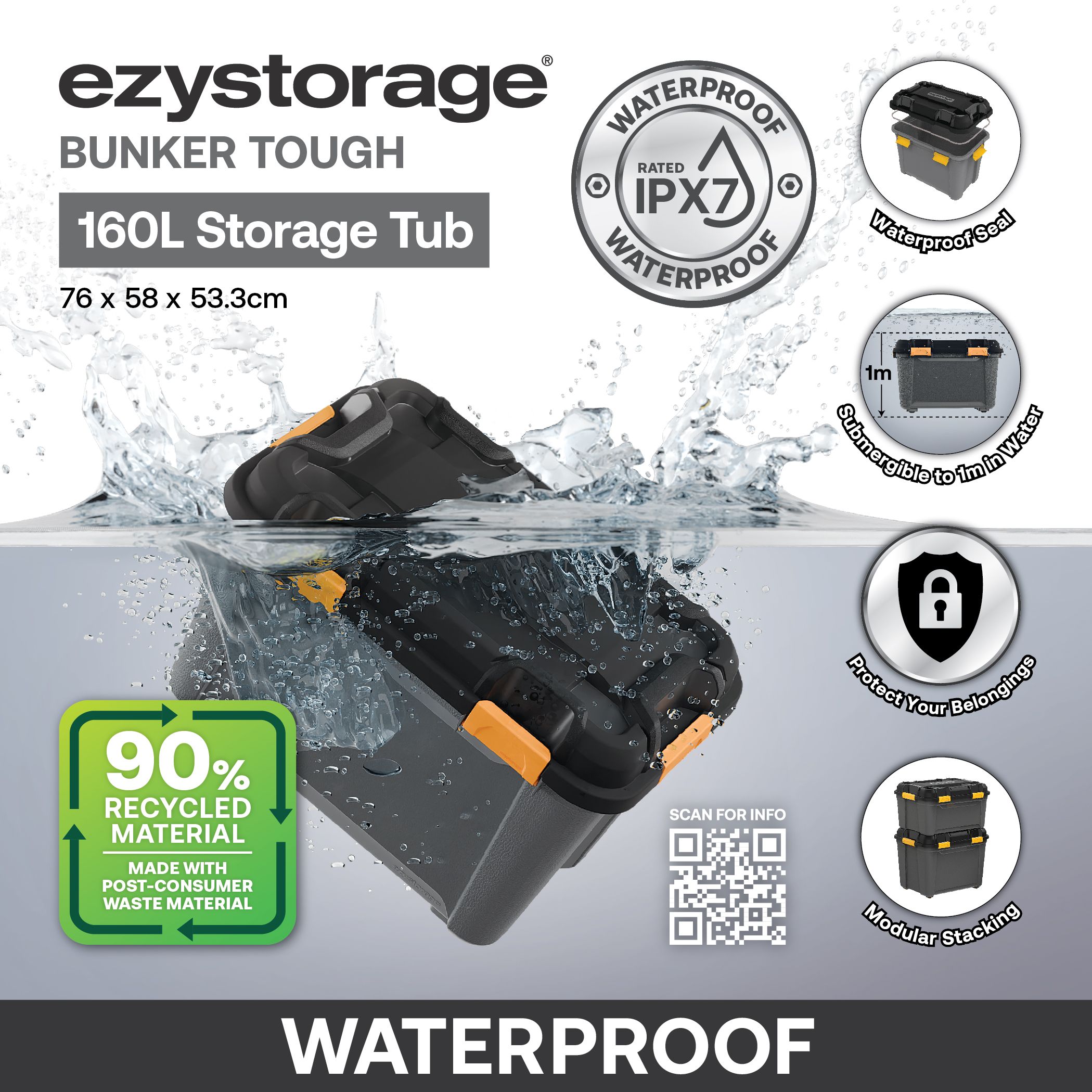 Ezy Storage Bunker tough Heavy duty Black 160L XXL Plastic Stackable ...
